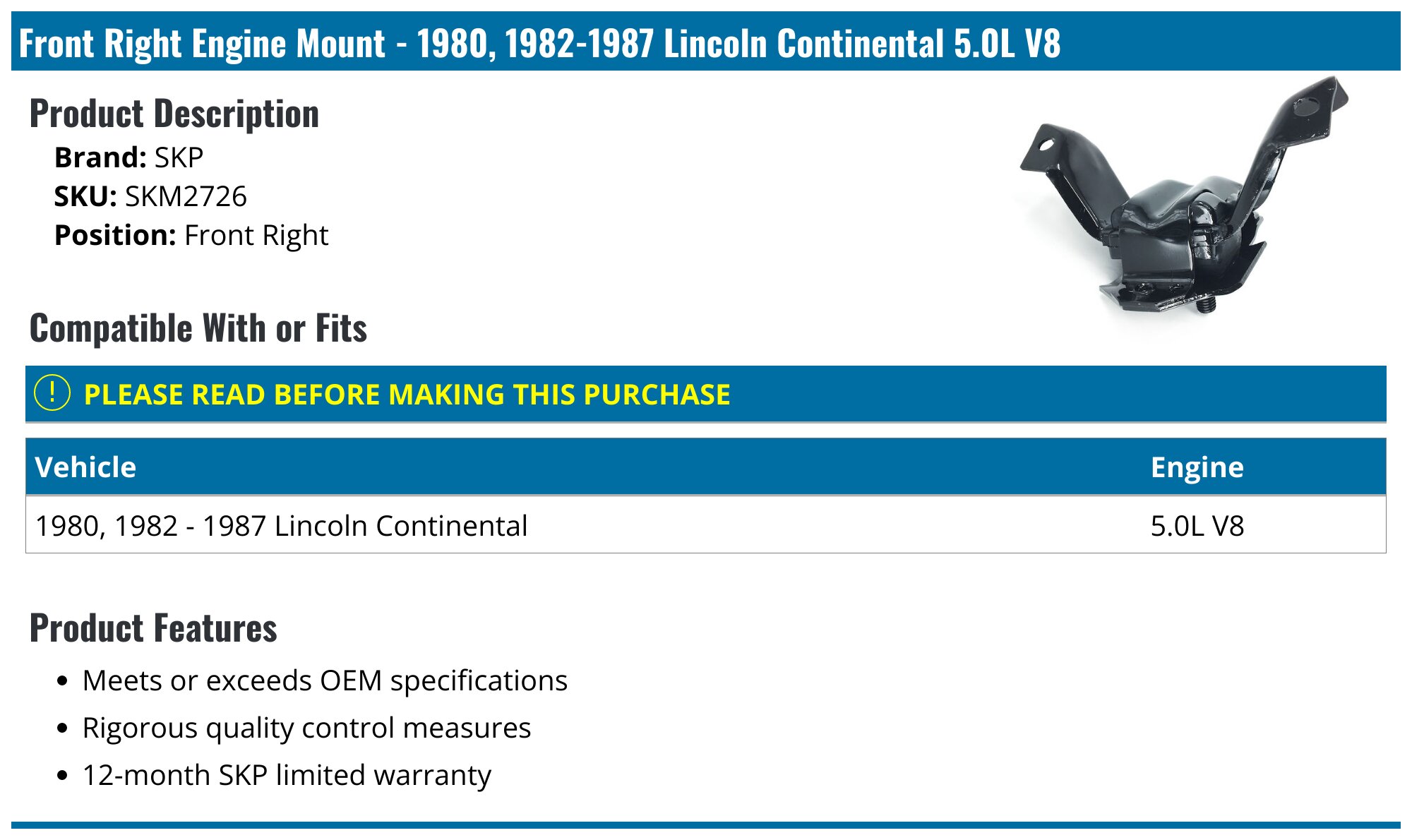 1980, 1982-1987 Lincoln Continental Engine Mount - SKP SKM2726 - Front ...