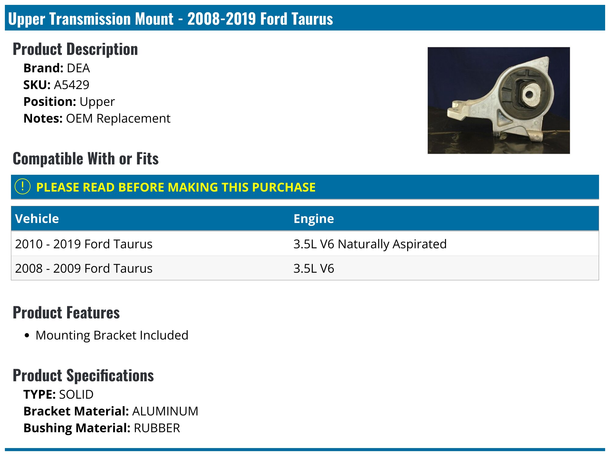 2008-2019 Ford Taurus Transmission Mount - DEA A5429 - Upper ...