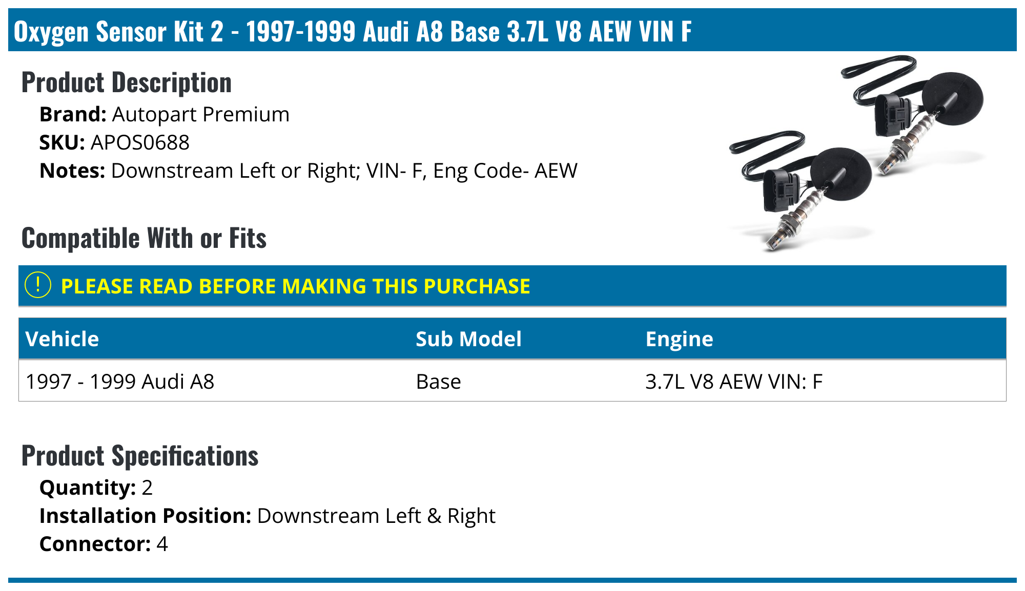 1997-1999 Audi A8 Oxygen Sensor - Autopart Premium APOS0688 ...