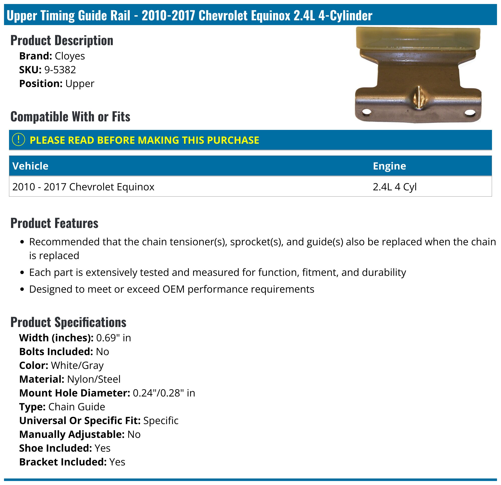 2010-2017 Chevrolet Equinox Timing Guide Rail - Cloyes 9-5382 - Upper ...