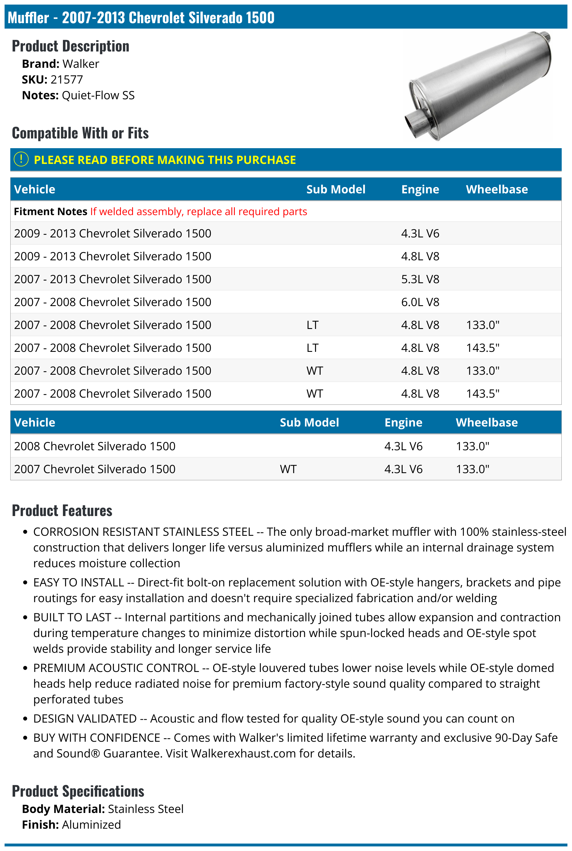 2007-2013 Chevrolet Silverado 1500 Muffler - Walker 21577 - PartsGeek.com