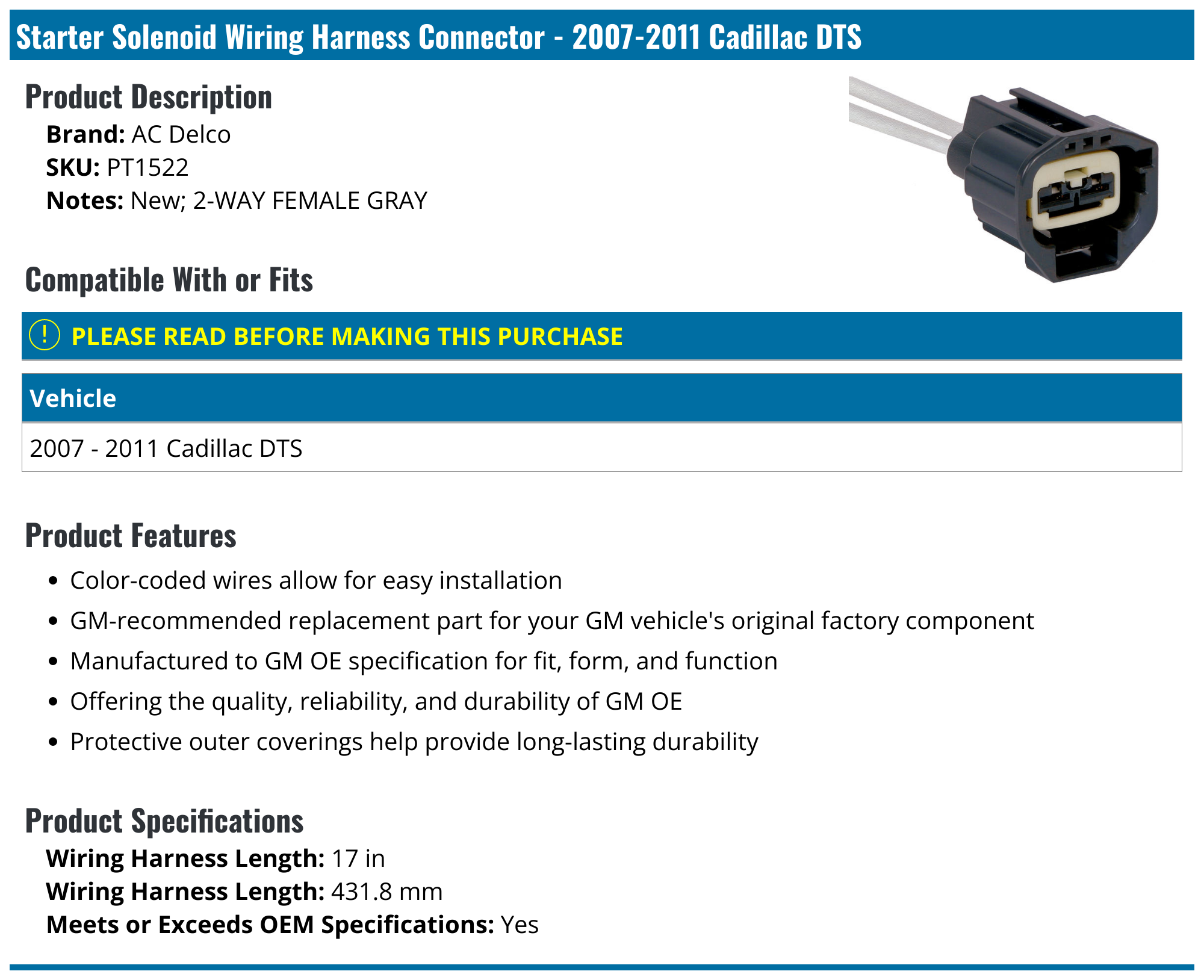 2007-2011 Cadillac DTS Starter Solenoid Wiring Harness Connector - AC ...