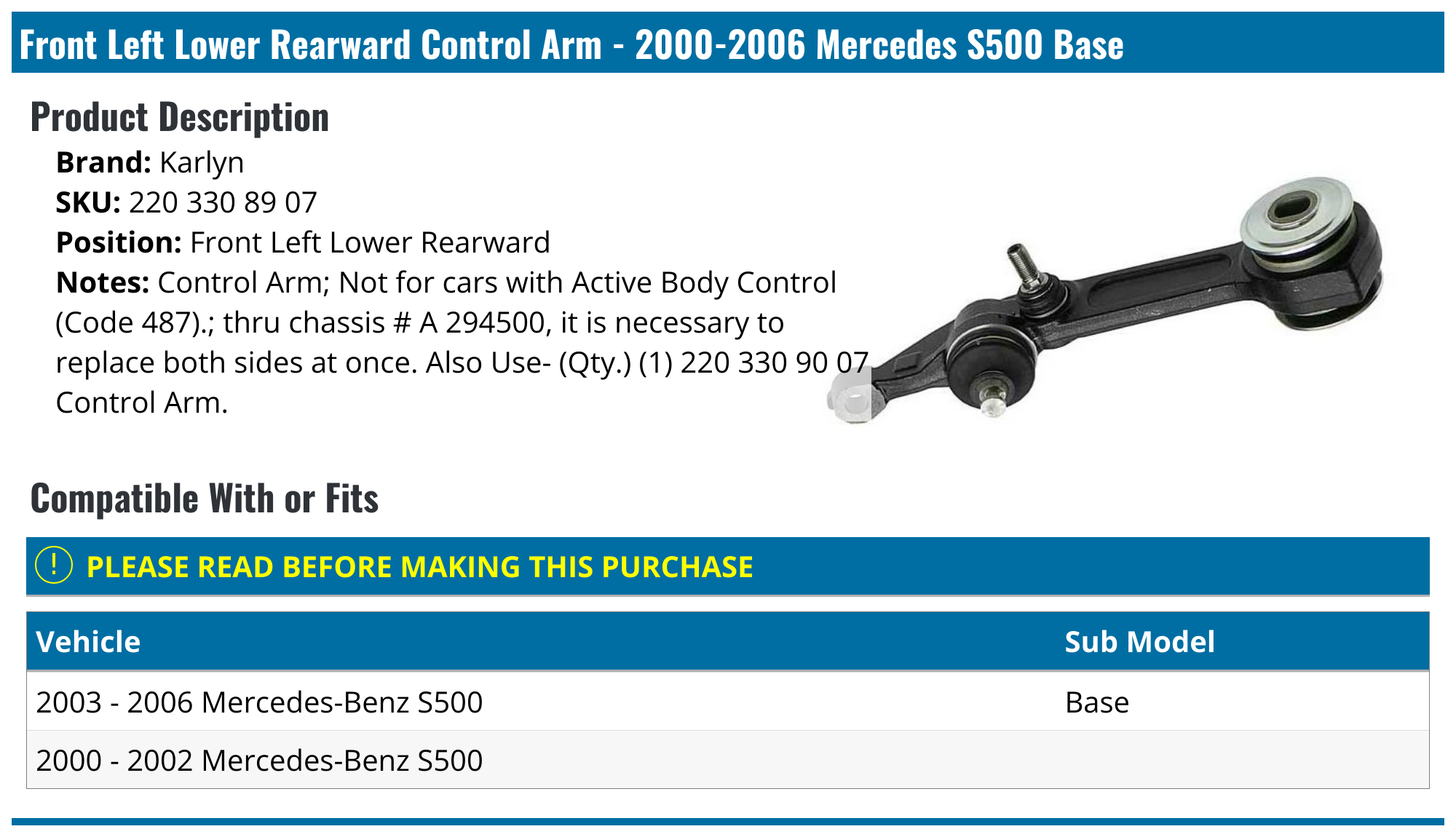 2000-2006 Mercedes S500 Control Arm - Karlyn 220 330 89 07 - Front Left ...