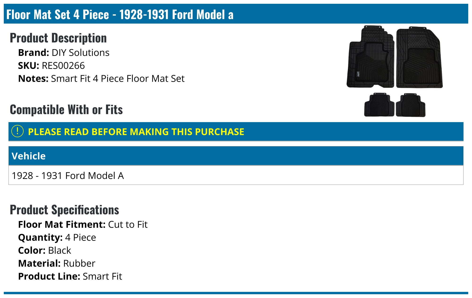 1928-1931 Ford Model A Floor Mats - DIY Solutions RES00266 - PartsGeek.com