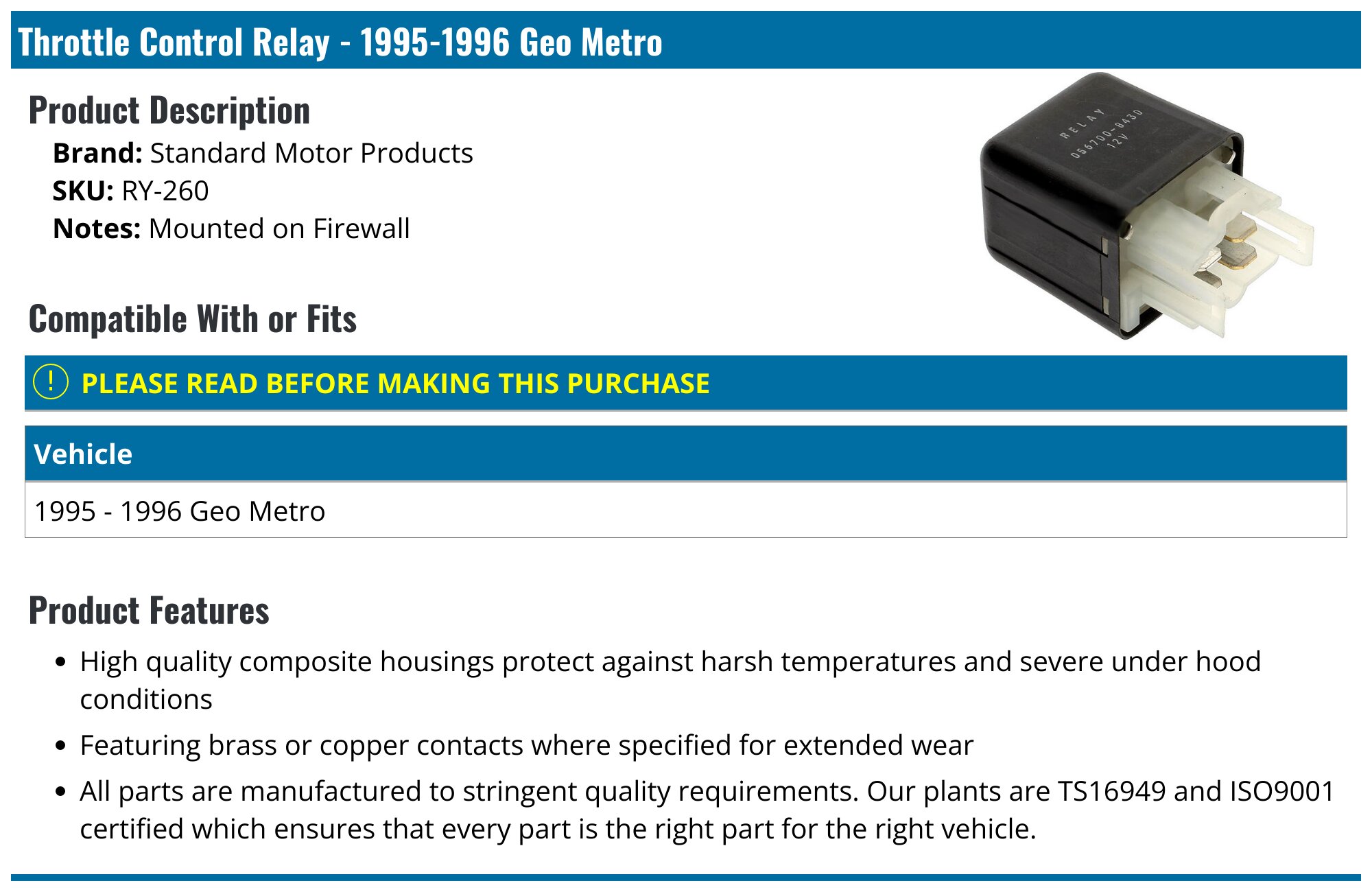 1995-1996 Geo Metro Throttle Control Relay - Standard Motor Products RY ...