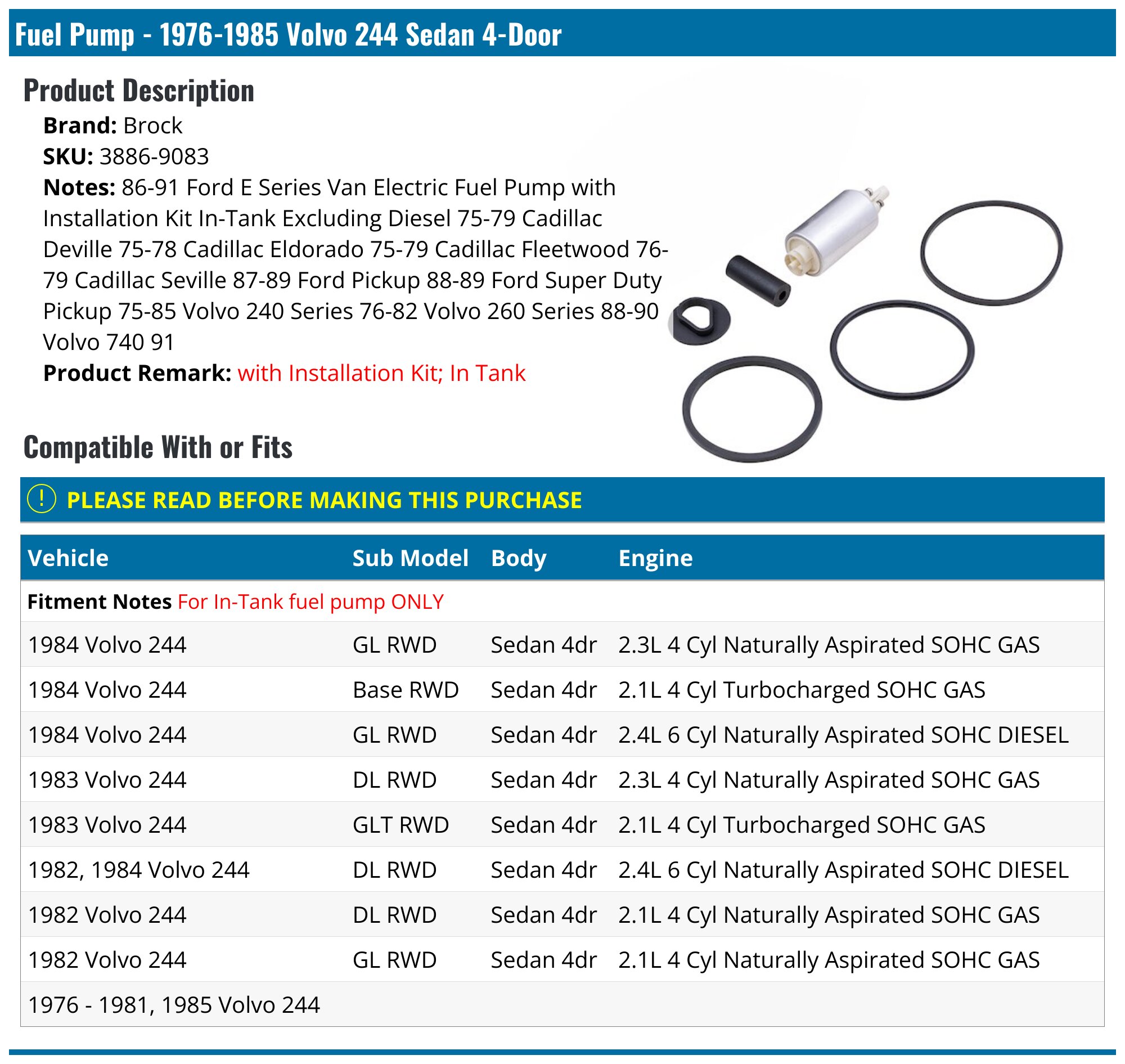1976-1985 Volvo 244 Fuel Pump - Brock 3886-9083 - PartsGeek.com