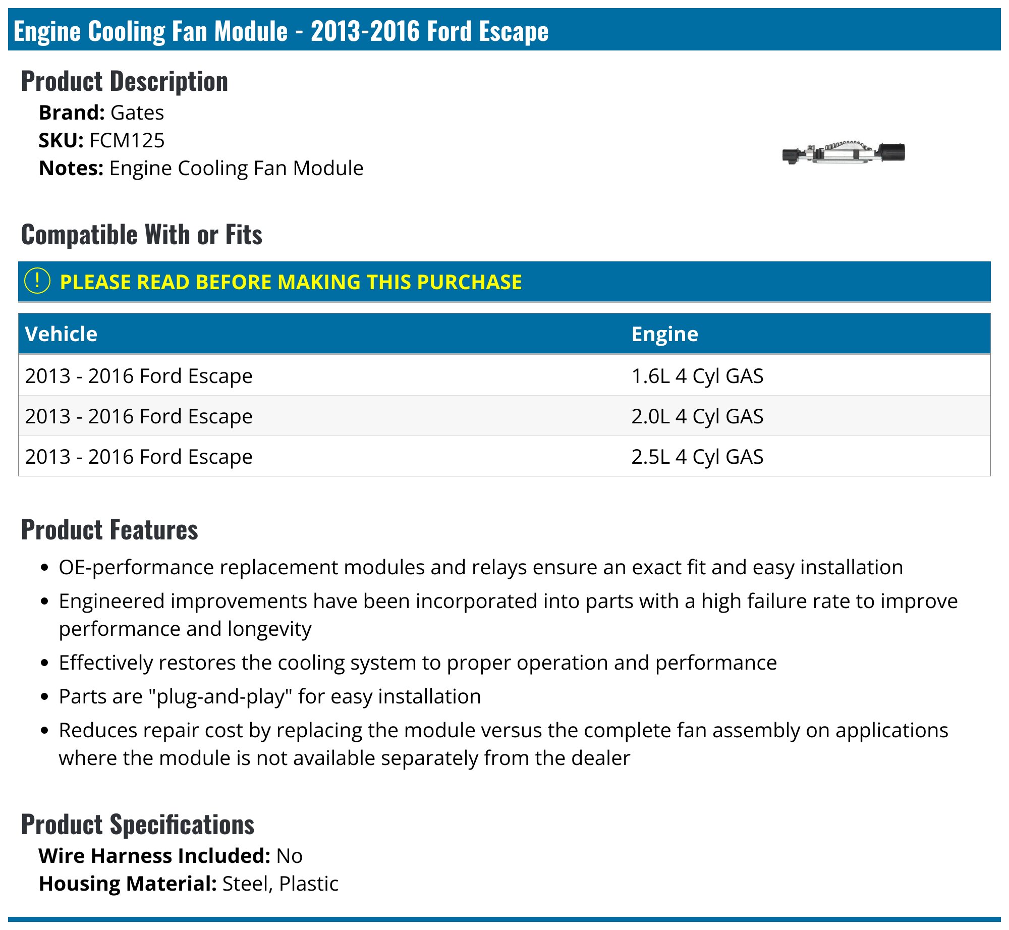 2013-2016 Ford Escape Cooling Fan Module - Gates FCM125 - PartsGeek.com