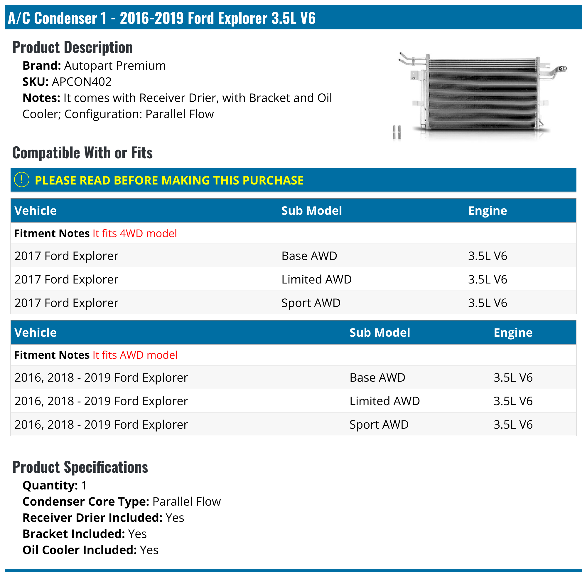 2016-2019 Ford Explorer A/C Condenser - Autopart Premium APCON402 ...