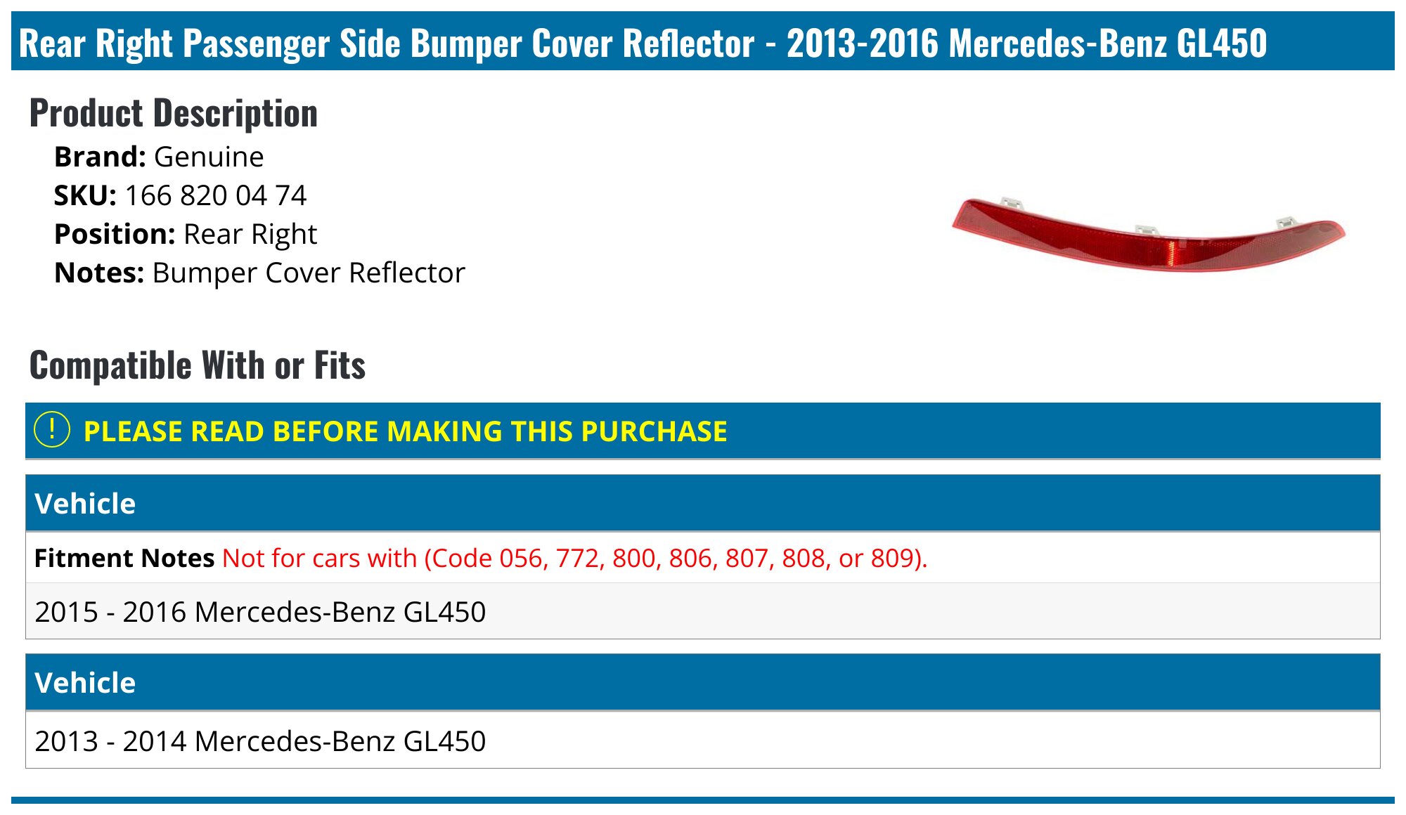 2013-2016 Mercedes GL450 Bumper Cover Reflector - Genuine 166 820 04 74 ...