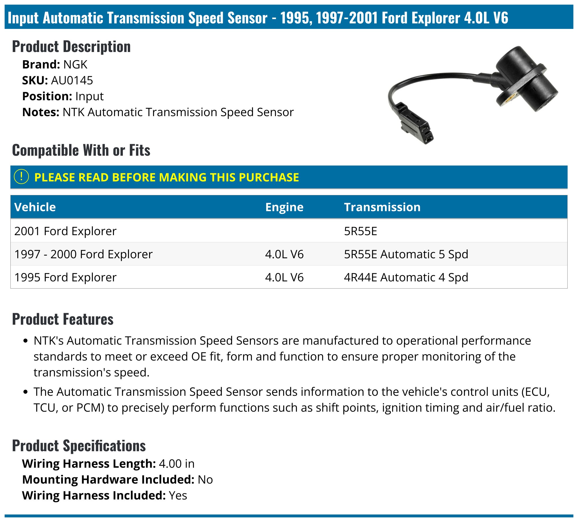 1995, 1997-2001 Ford Explorer Automatic Transmission Speed Sensor - NGK ...