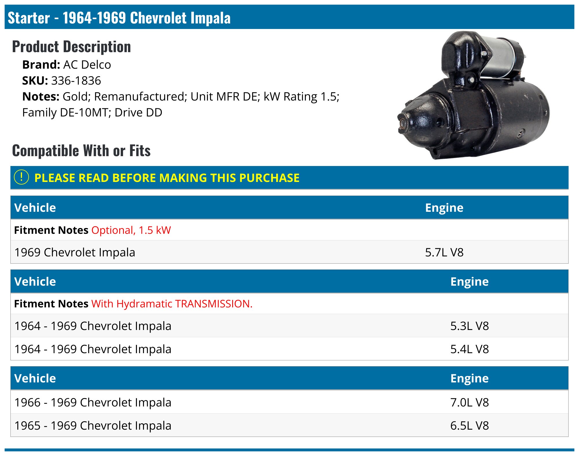 1964-1969 Chevrolet Impala Starter - AC Delco 336-1836 - PartsGeek.com