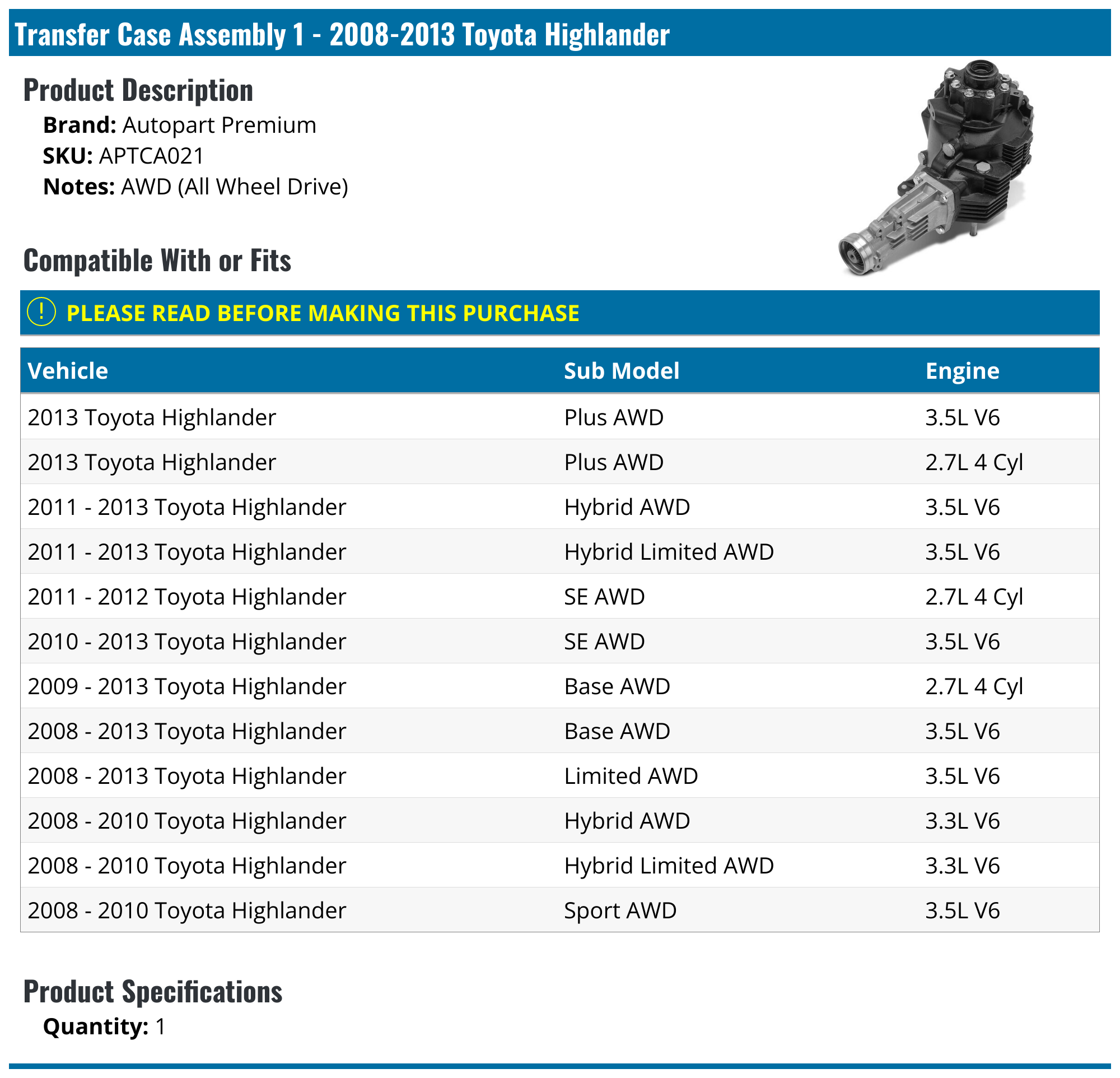 2008-2013 Toyota Highlander Transfer Case - Autopart Premium APTCA021 - PartsGeek.com