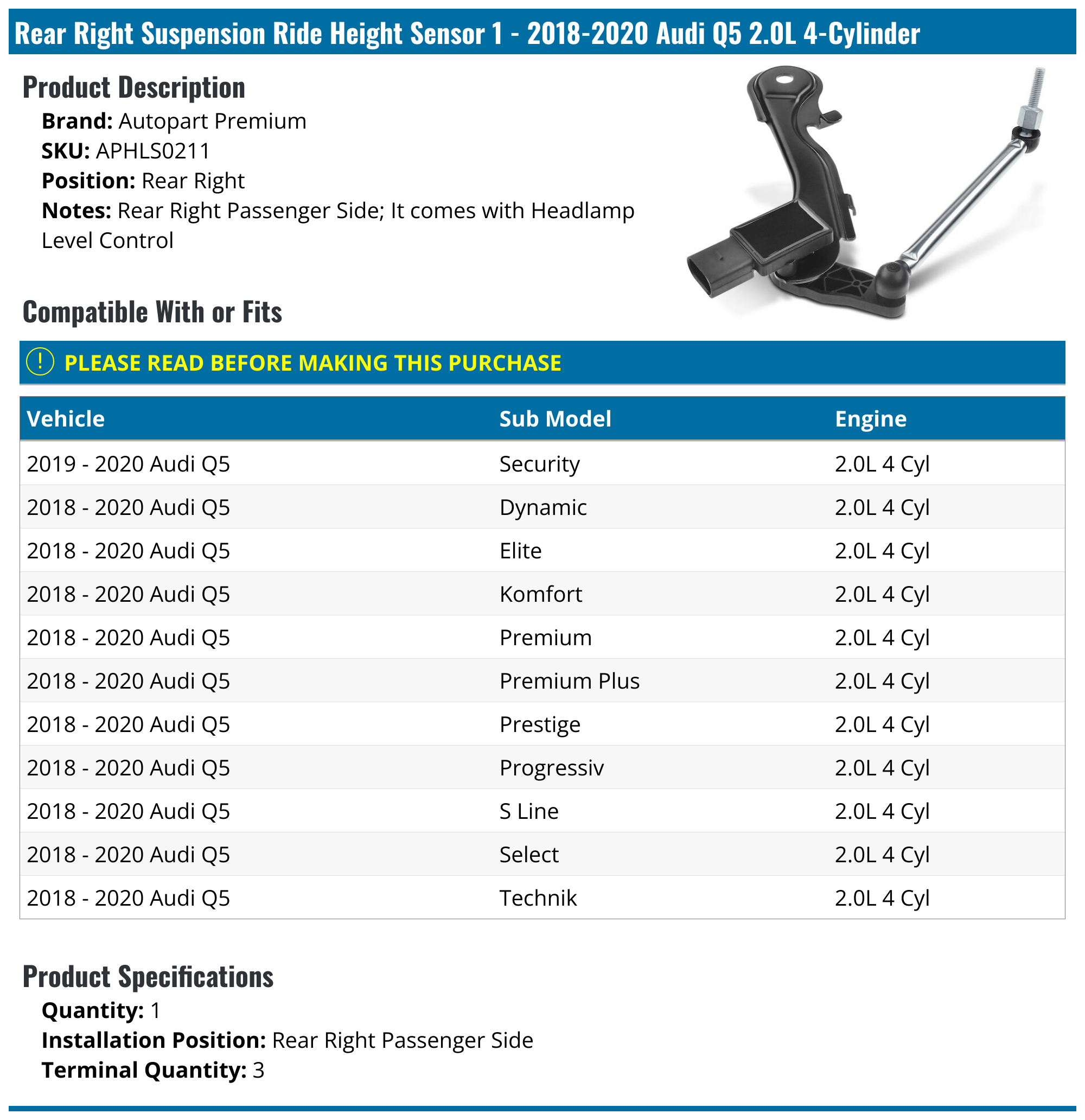 2018-2020 Audi Q5 Suspension Ride Height Sensor - Autopart Premium ...