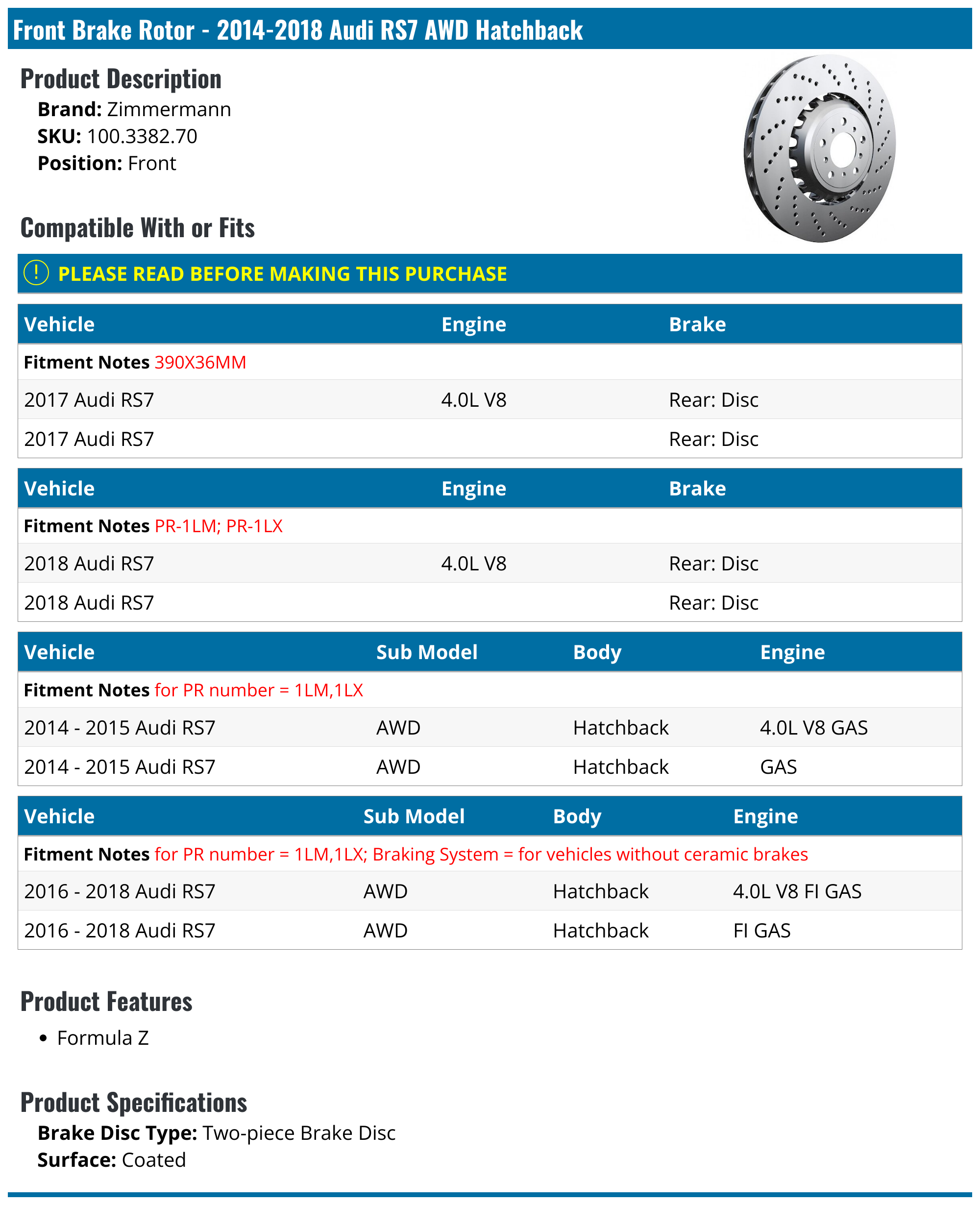 2014-2018 Audi RS7 Brake Rotor - Zimmermann 100.3382.70 - Front ...