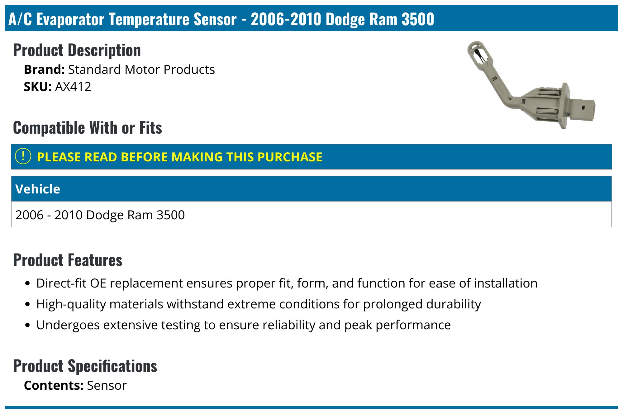 2006-2010 Dodge Ram 3500 A/C Evaporator Temperature Sensor - Standard ...
