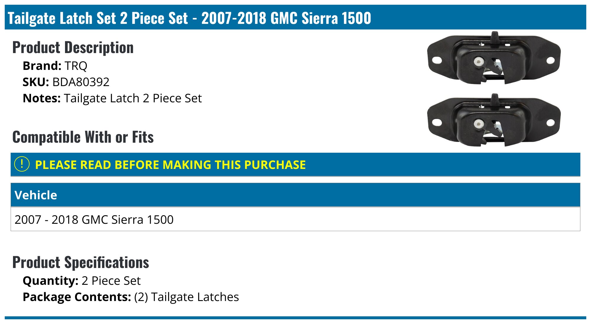 2007-2018 GMC Sierra 1500 Tailgate Latch - TRQ BDA80392 - - PartsGeek.com