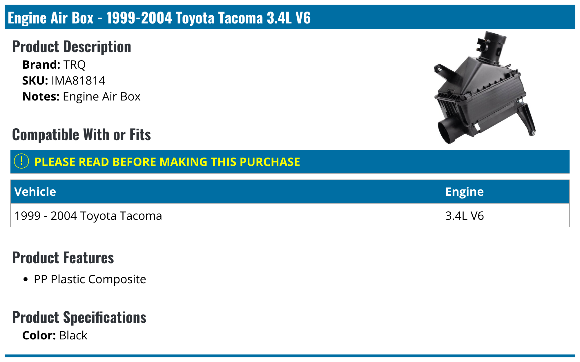 1999-2004 Toyota Tacoma Engine Air Box - TRQ IMA81814 - PartsGeek.com