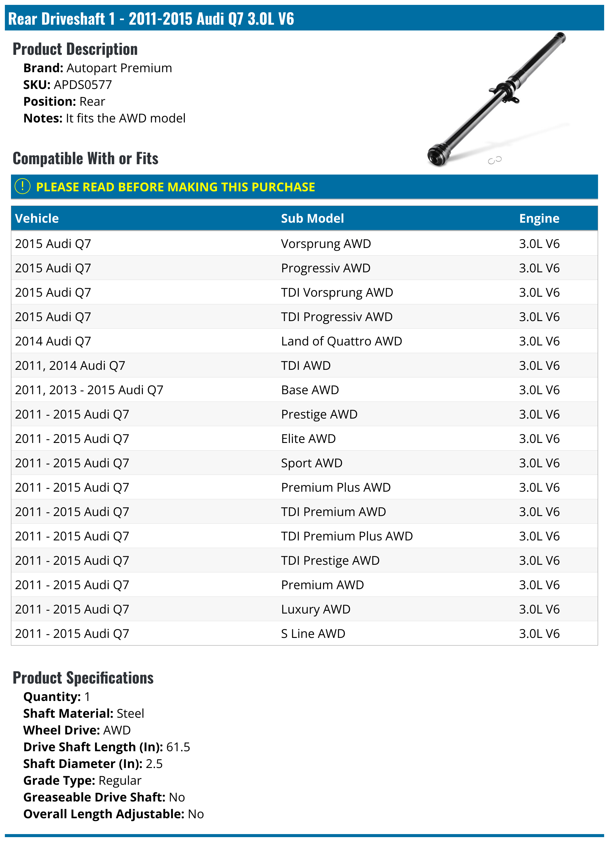 2011-2015 Audi Q7 Drive Shaft - Autopart Premium APDS0577 - Rear ...