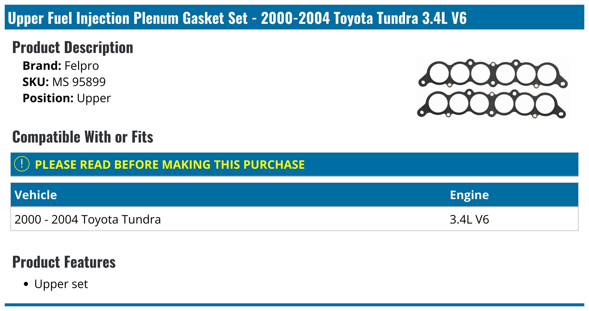 2000-2004 Toyota Tundra Fuel Injection Plenum Gasket Set - Felpro MS ...