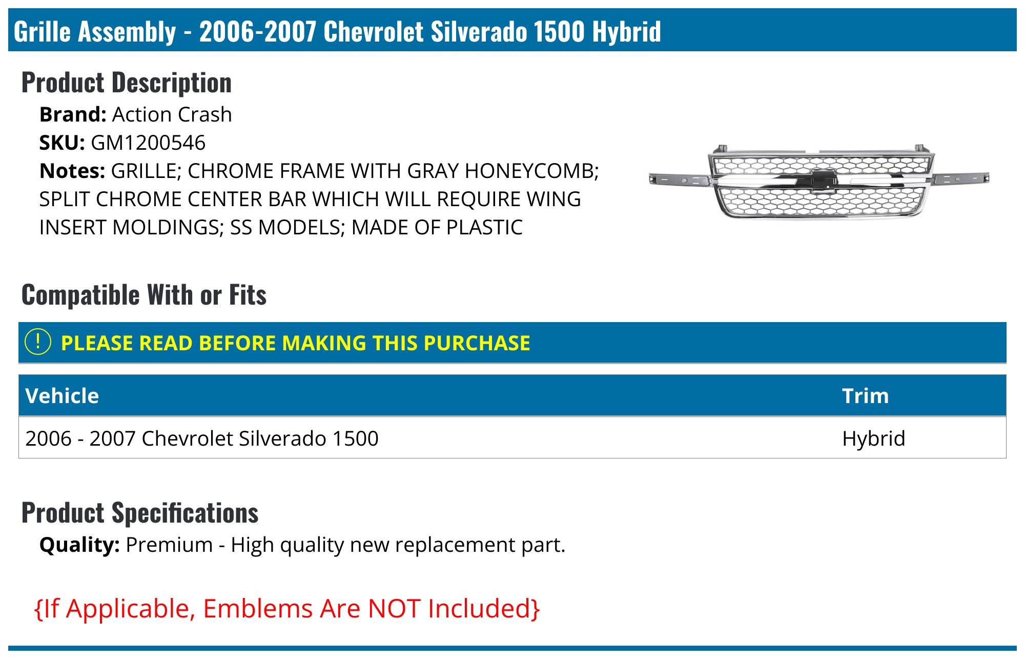 2006-2007 Chevrolet Silverado 1500 Grille Assembly - Action Crash ...