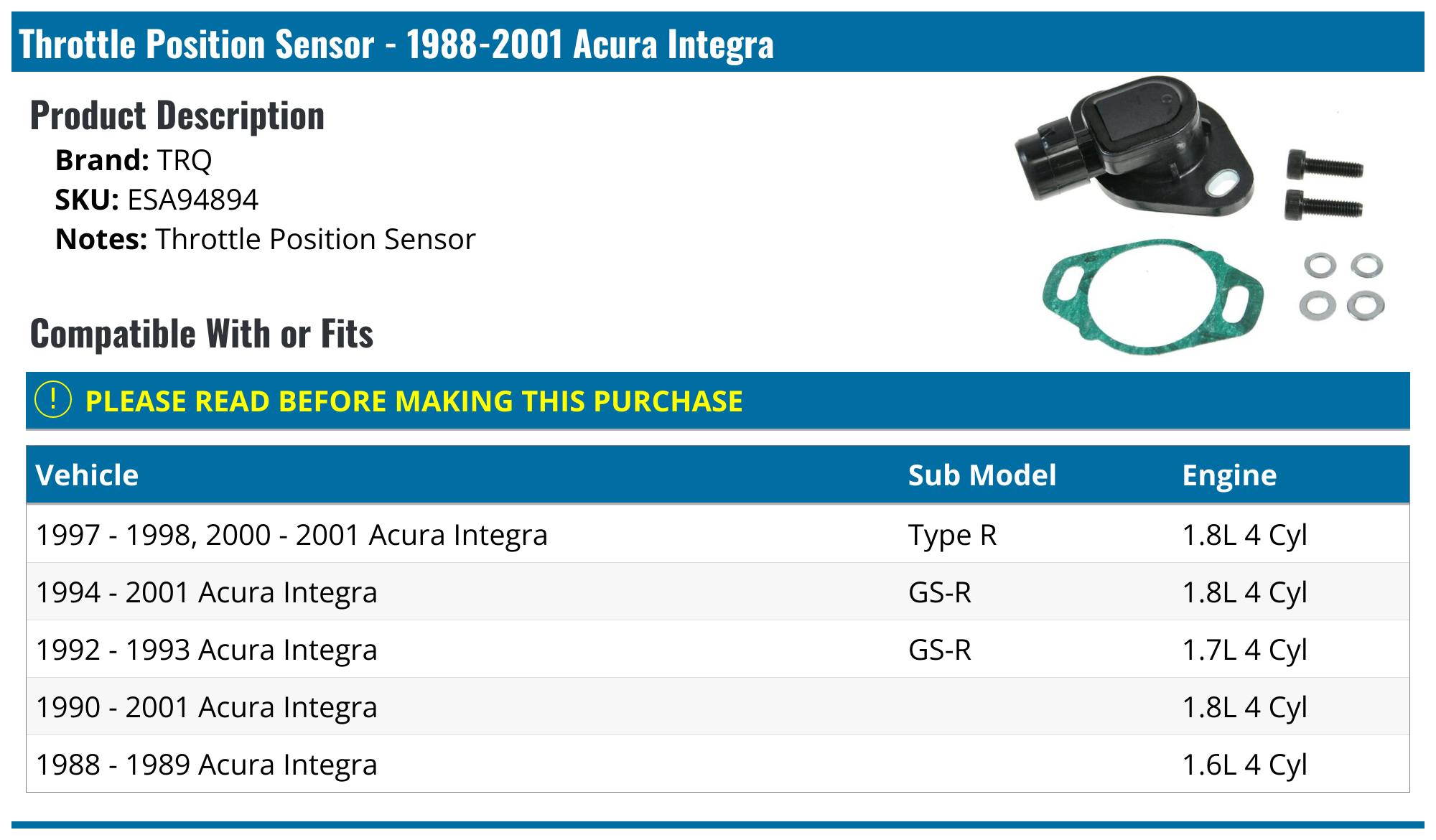 1988-2001 Acura Integra Throttle Position Sensor - TRQ ESA94894 ...