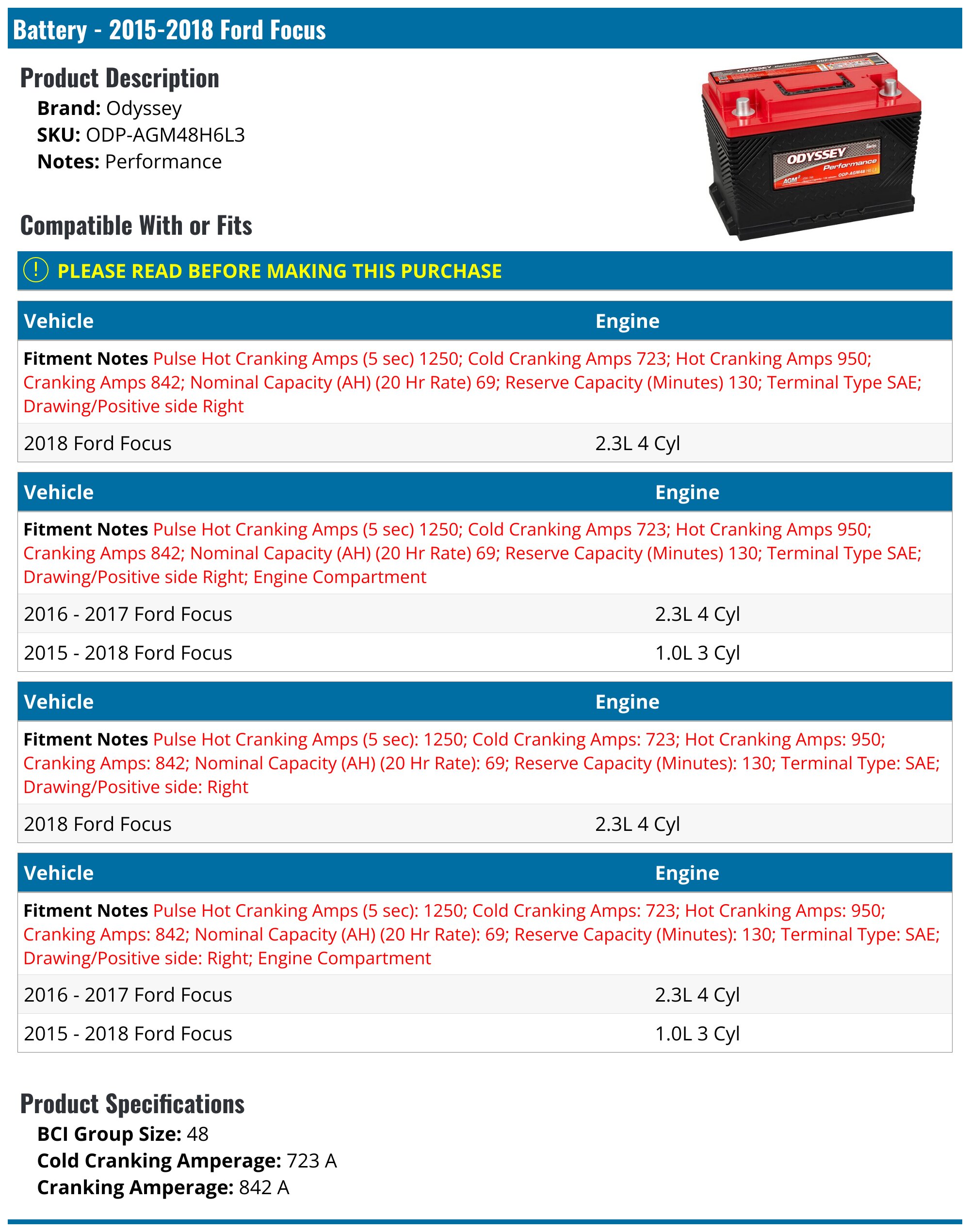 2015-2018 Ford Focus Battery - Odyssey ODP-AGM48H6L3 - PartsGeek.com