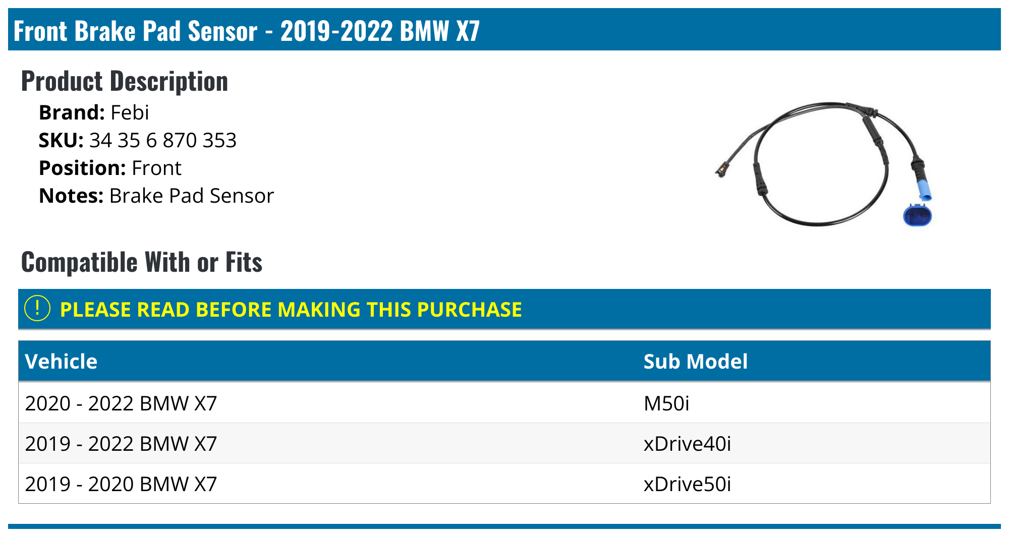 2019-2024 BMW X7 Brake Pad Sensor - Febi 34 35 6 870 353 - Front ...