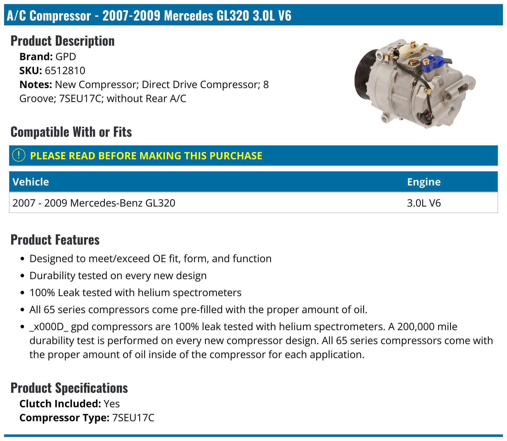 2007-2009 Mercedes GL320 A/C Compressor - GPD 6512810 - PartsGeek.com