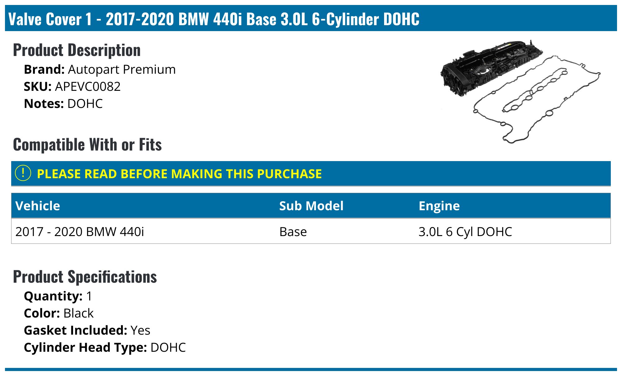 2017-2020 BMW 440i Valve Cover - Autopart Premium APEVC0082 - PartsGeek.com