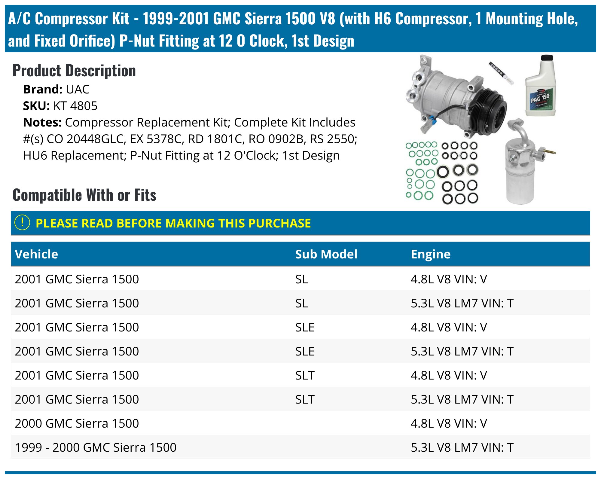 1999-2001 GMC Sierra 1500 A/C Compressor - UAC KT 4805 - - PartsGeek.com