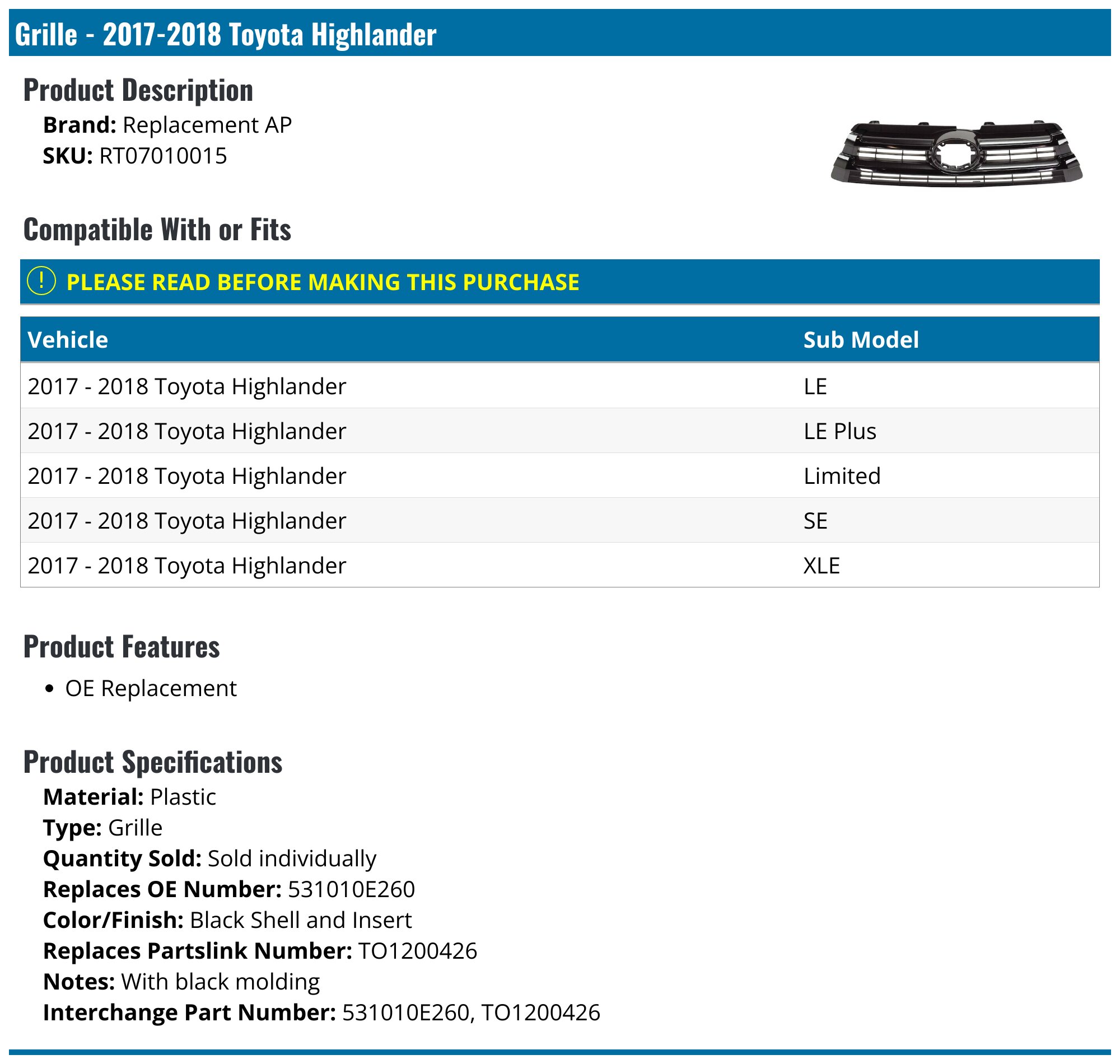 2017-2018 Toyota Highlander Grille Assembly - Replacement AP RT07010015 ...