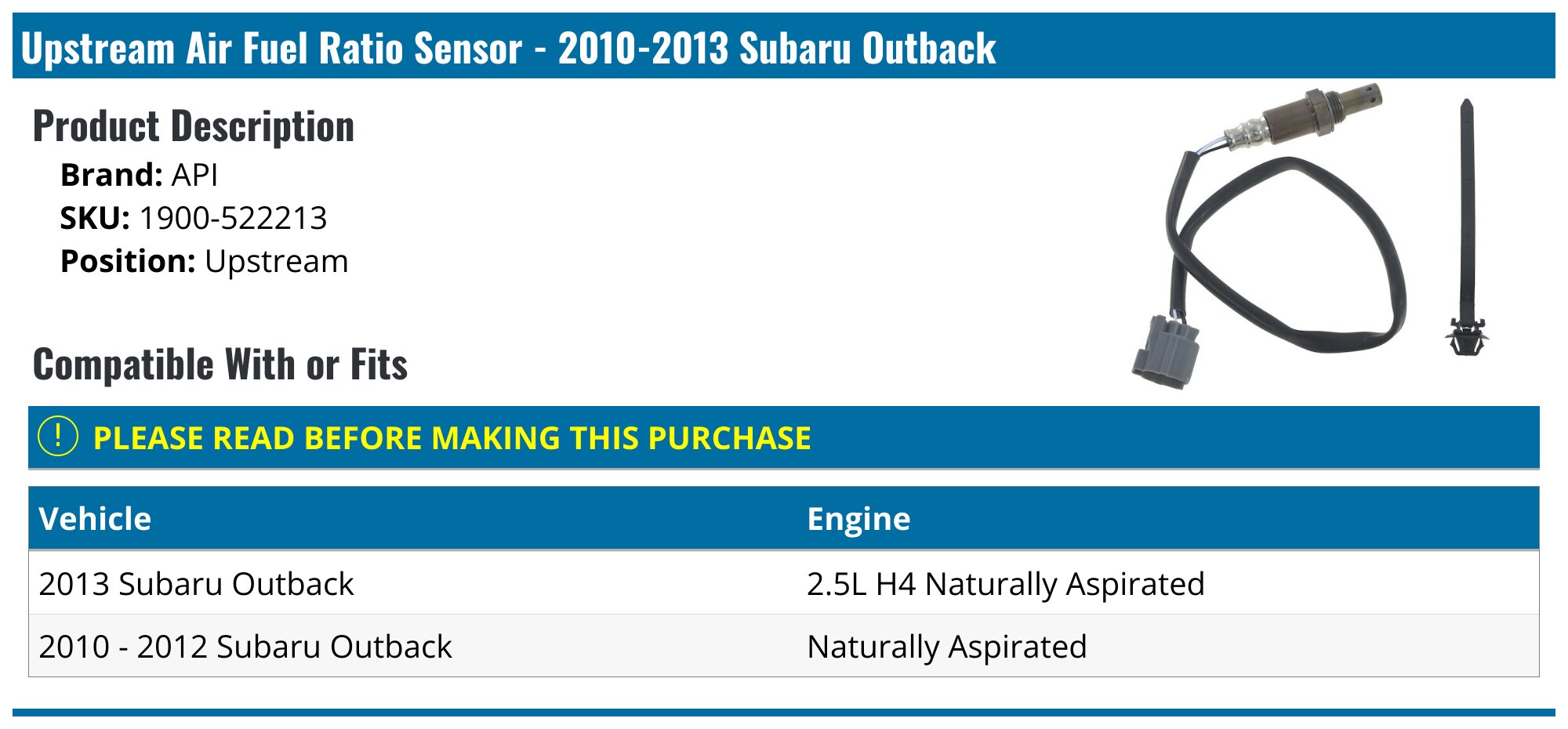 2010-2013 Subaru Outback Oxygen Sensor - API 96048-07691066 - Upstream ...