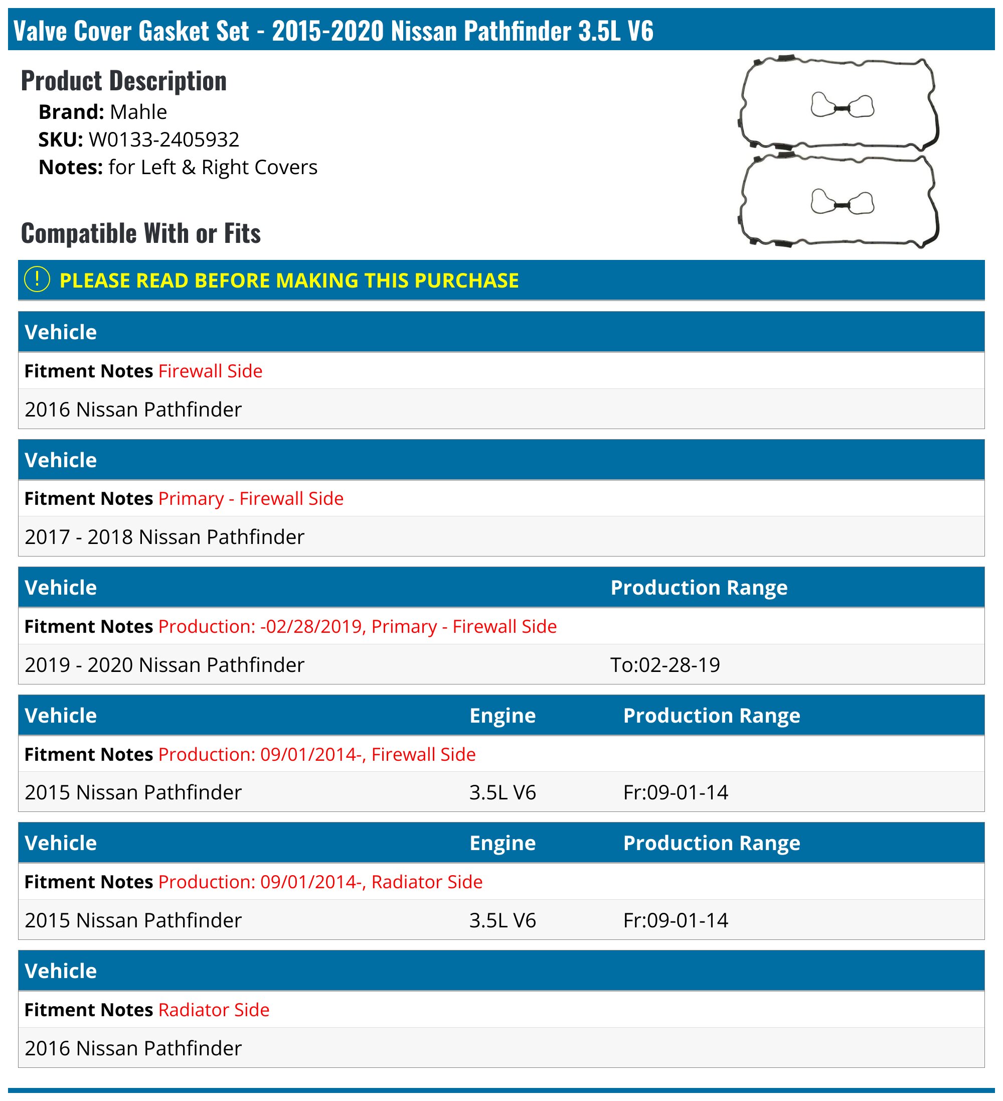 2015-2016 Nissan Pathfinder Valve Cover Gasket - Mahle W0133-2405932 ...