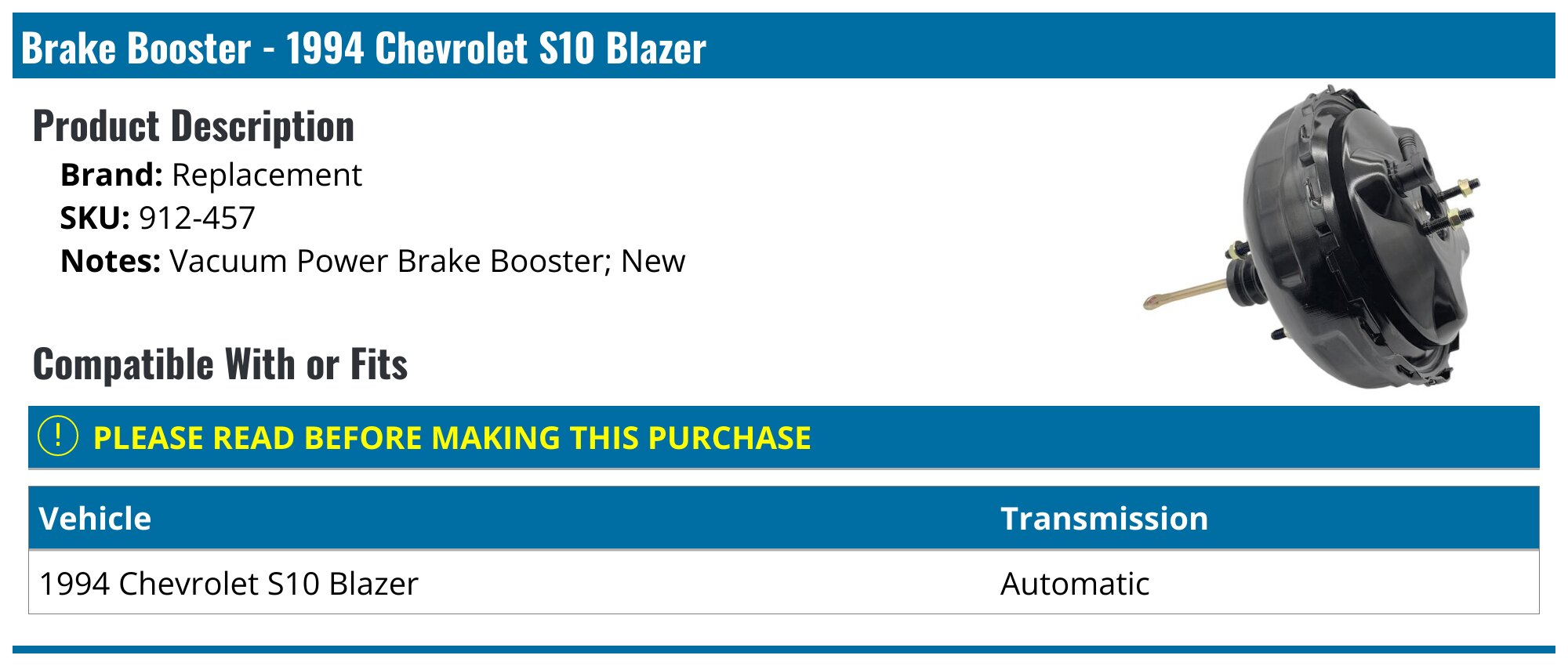 1994 Chevrolet S10 Blazer Brake Booster - Replacement 912-457 ...