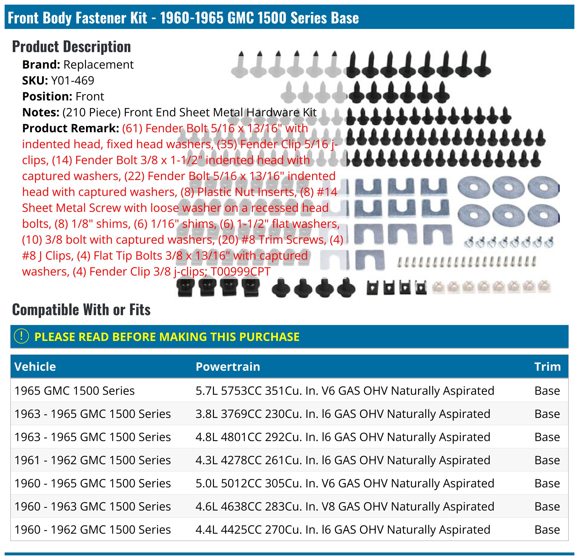 1960-1965 GMC 1500 Series Body Fastener Kit - Replacement Y01-469 ...