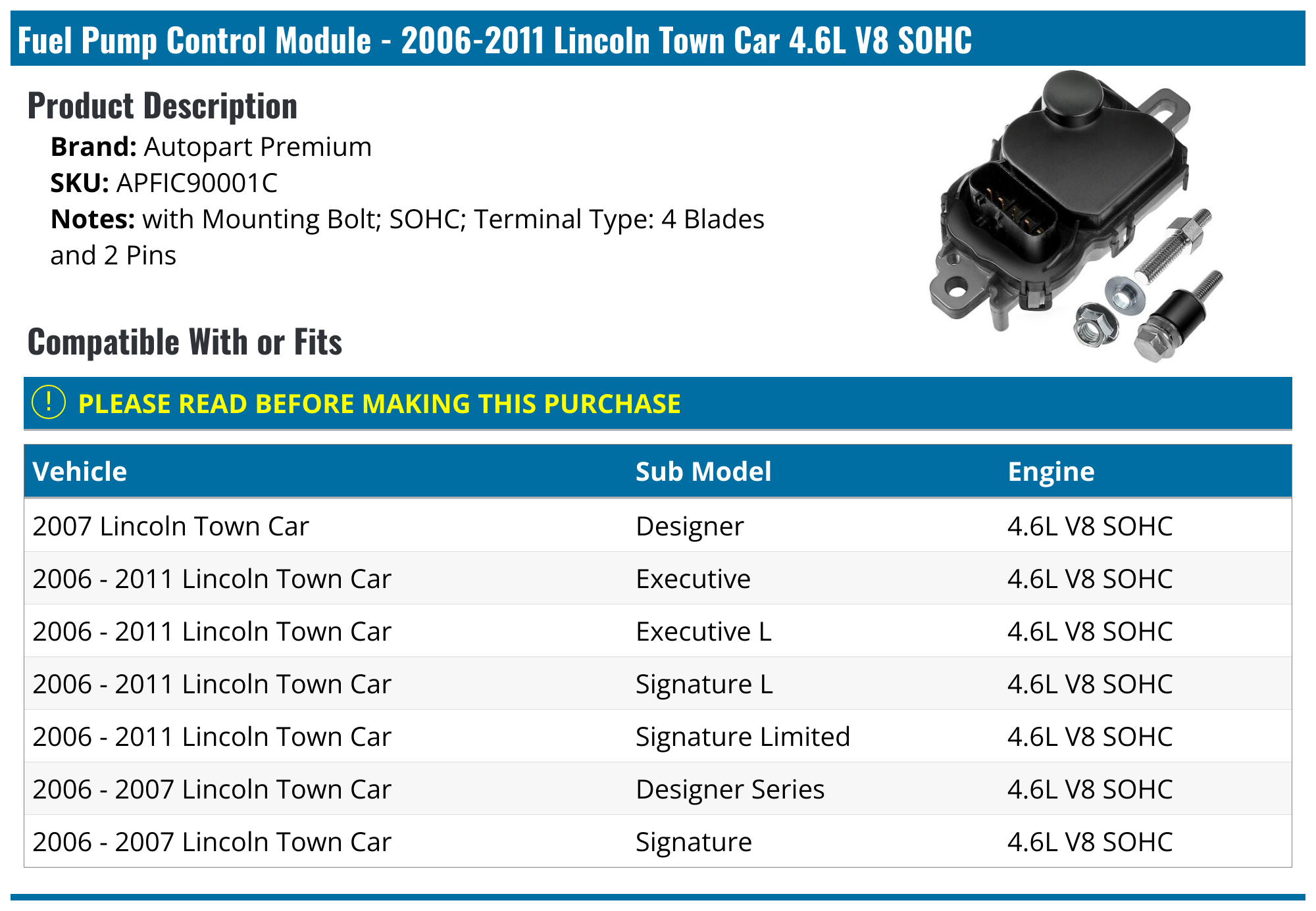 2006-2011 Lincoln Town Car Fuel Pump Control Module - Autopart Premium ...