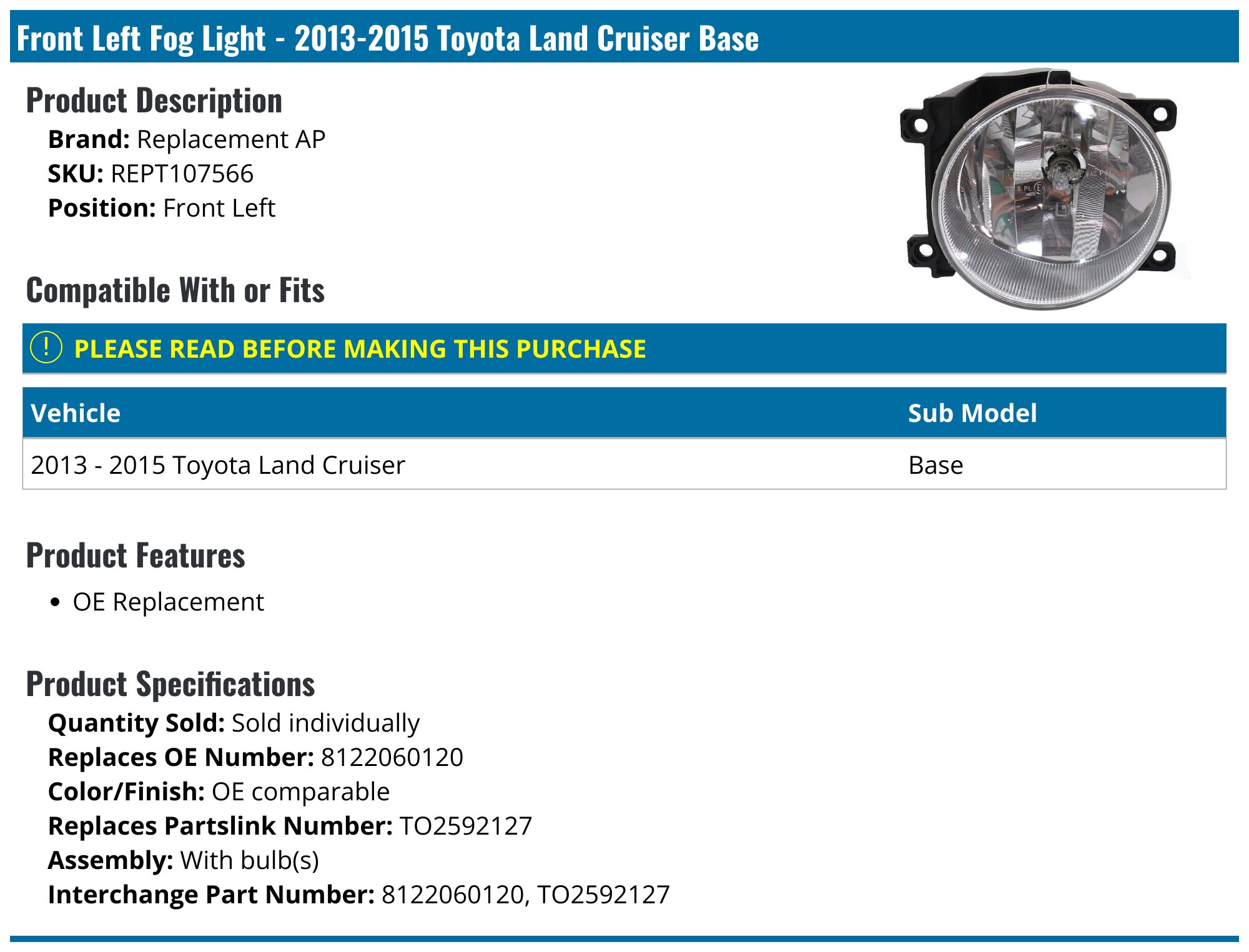 2013-2015 Toyota Land Cruiser Fog Light - Replacement AP REPT107566 ...