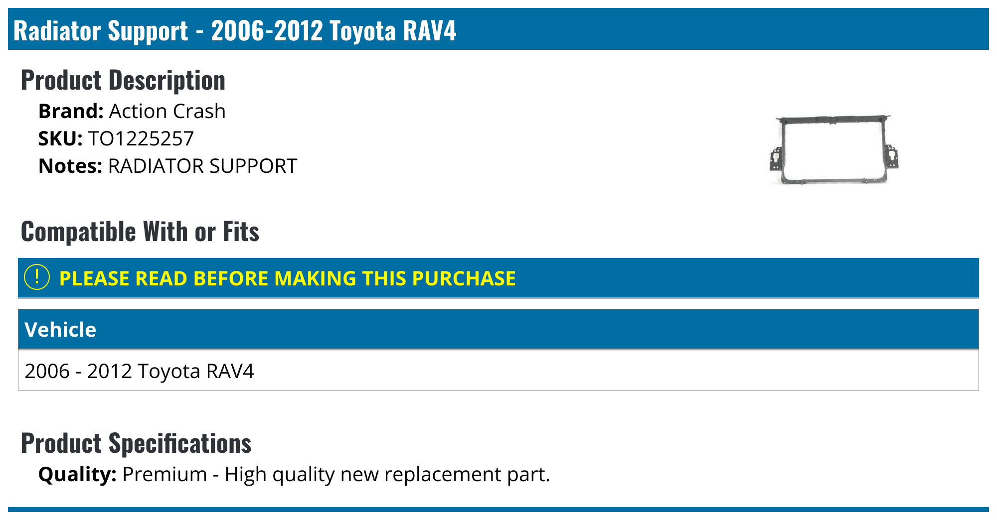 2006-2012 Toyota RAV4 Radiator Support - Action Crash TO1225257 ...