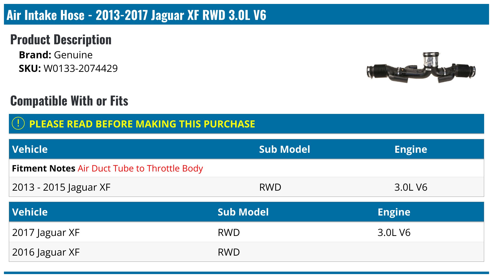 2013-2017 Jaguar XF Air Intake Hose - Genuine W0133-2074429 - PartsGeek.com