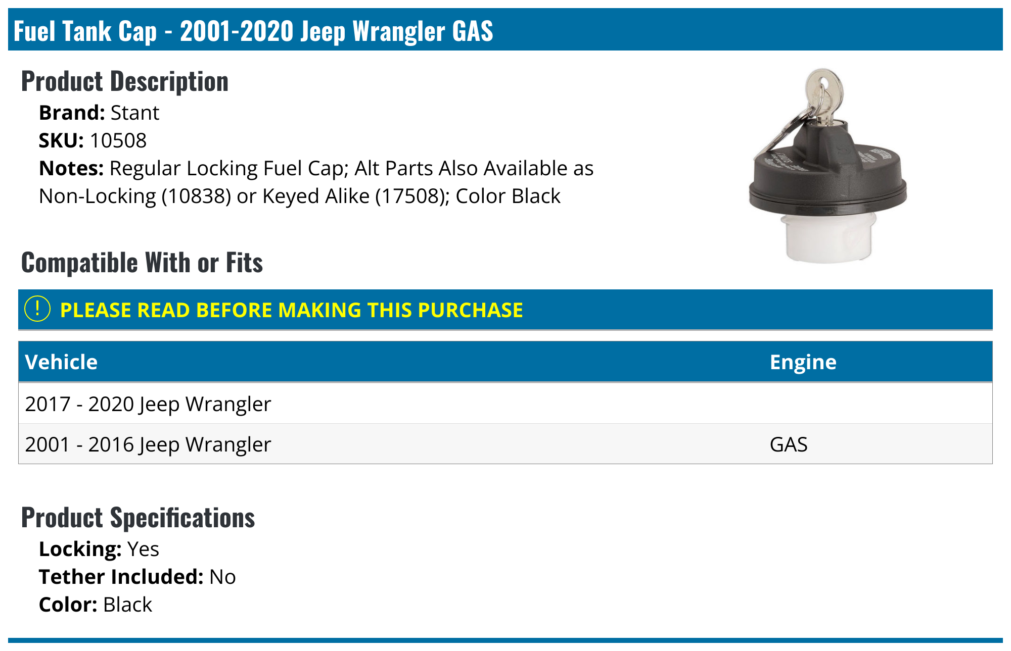 2001-2020 Jeep Wrangler Fuel Tank Cap - Stant 10508 - - PartsGeek.com