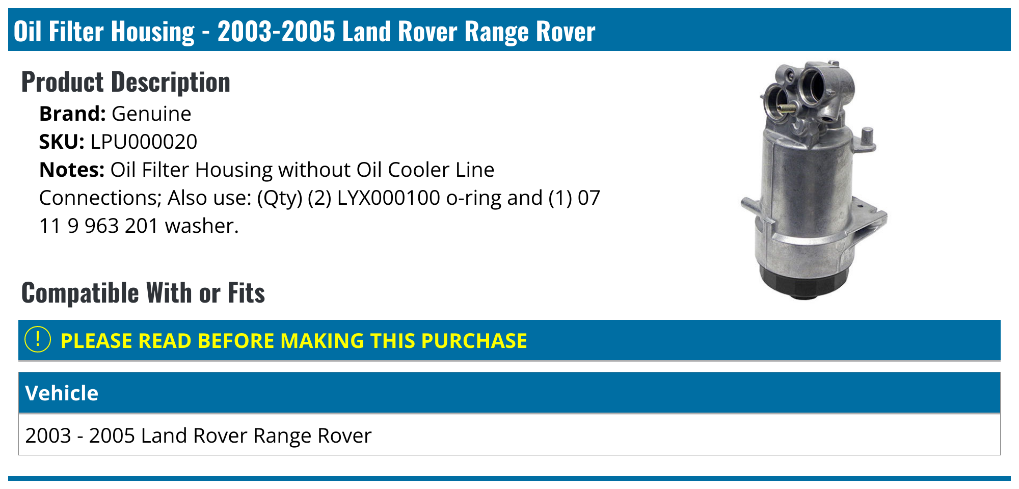2003-2005 Land Rover Range Rover Oil Filter Housing - Genuine LPU000020 ...