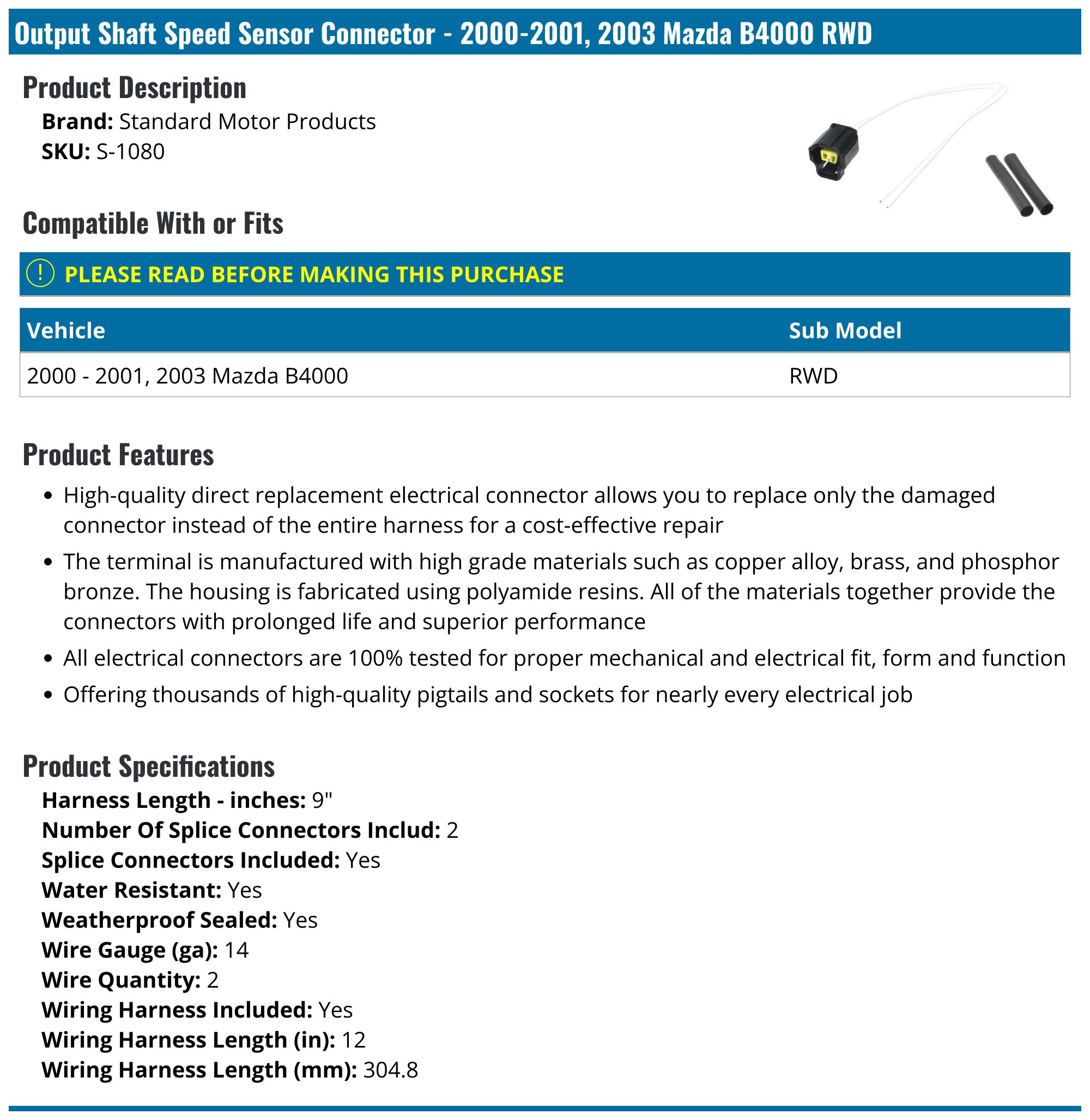 2000-2001, 2003 Mazda B4000 Output Shaft Speed Sensor Connector ...