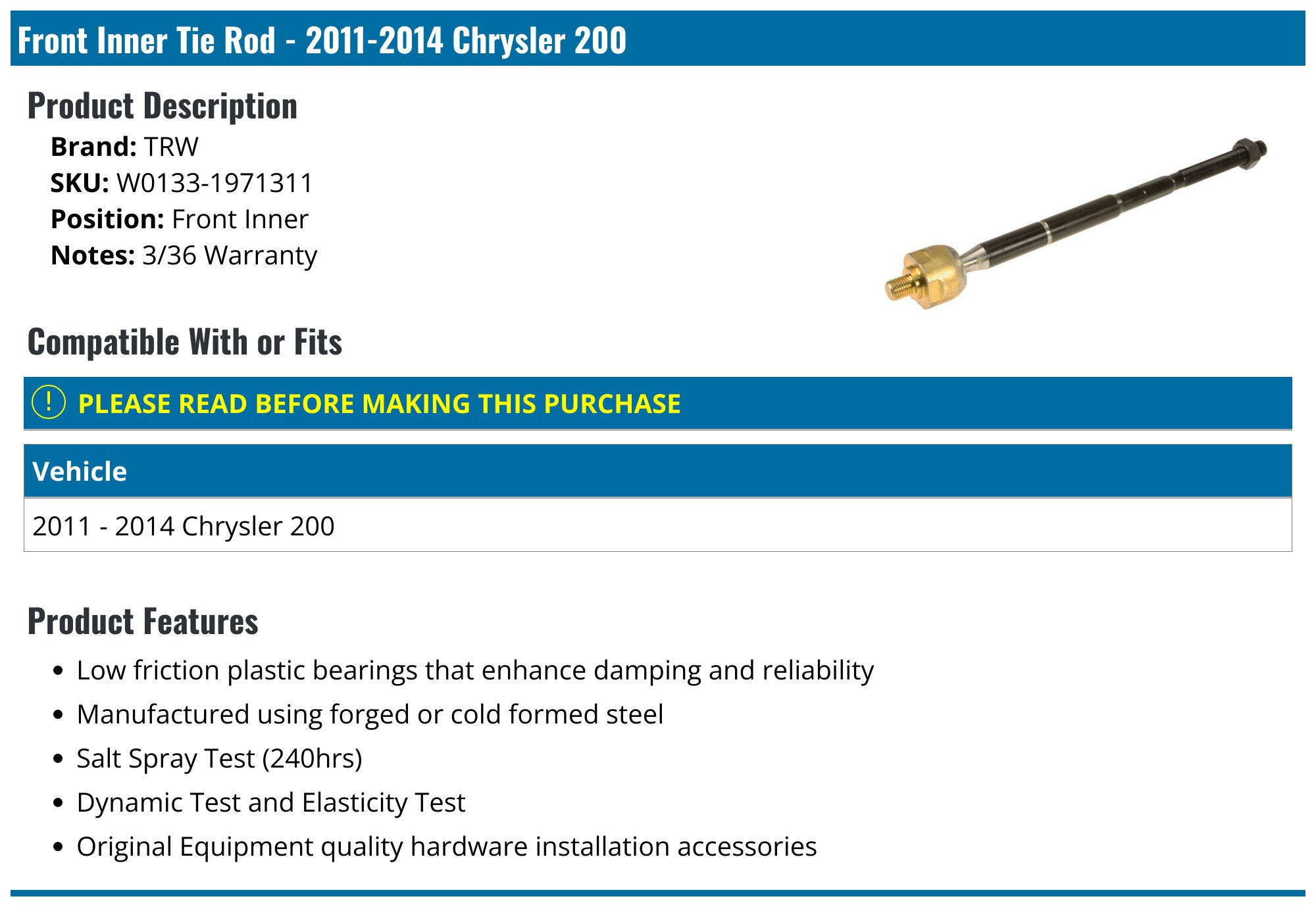 2011-2014 Chrysler 200 Tie Rod - TRW W0133-1971311 - Front Inner ...