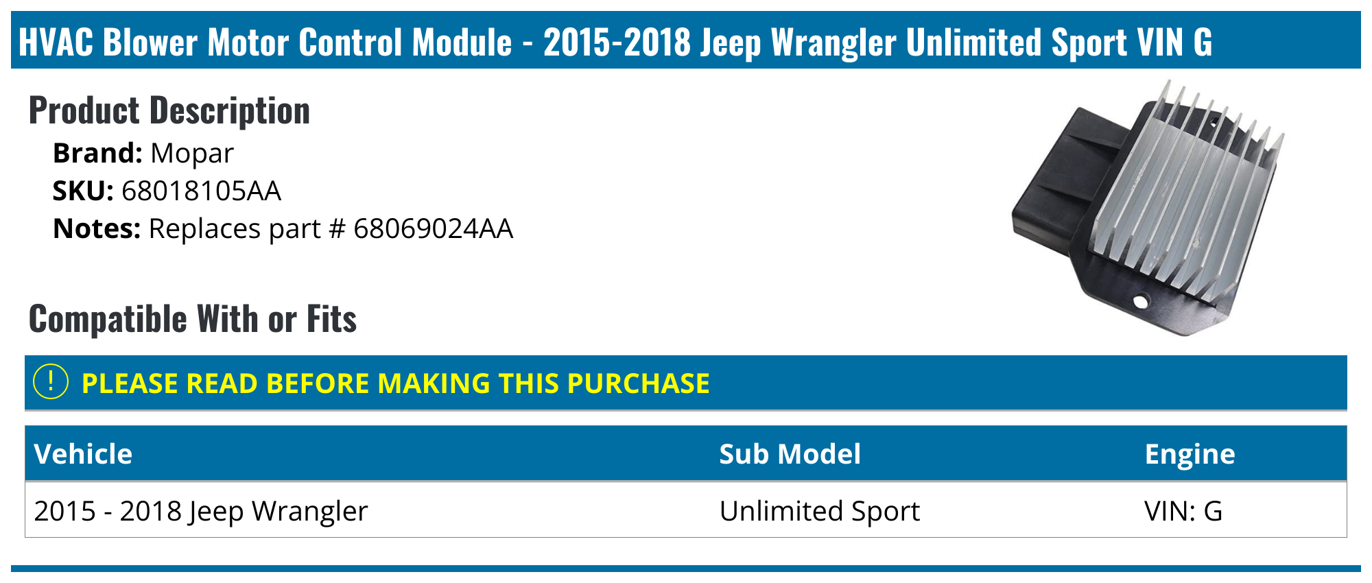 2015-2018 Jeep Wrangler HVAC Blower Motor Control Module - Mopar ...