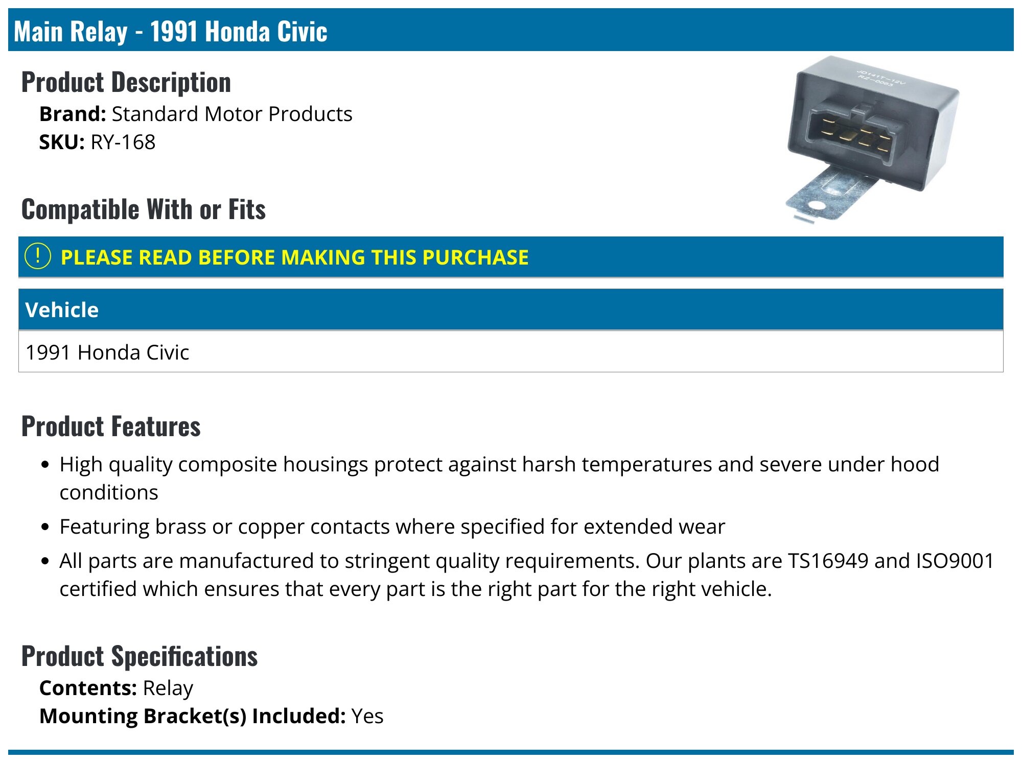 1991 Honda Civic Main Relay - Standard Motor Products RY-168 ...