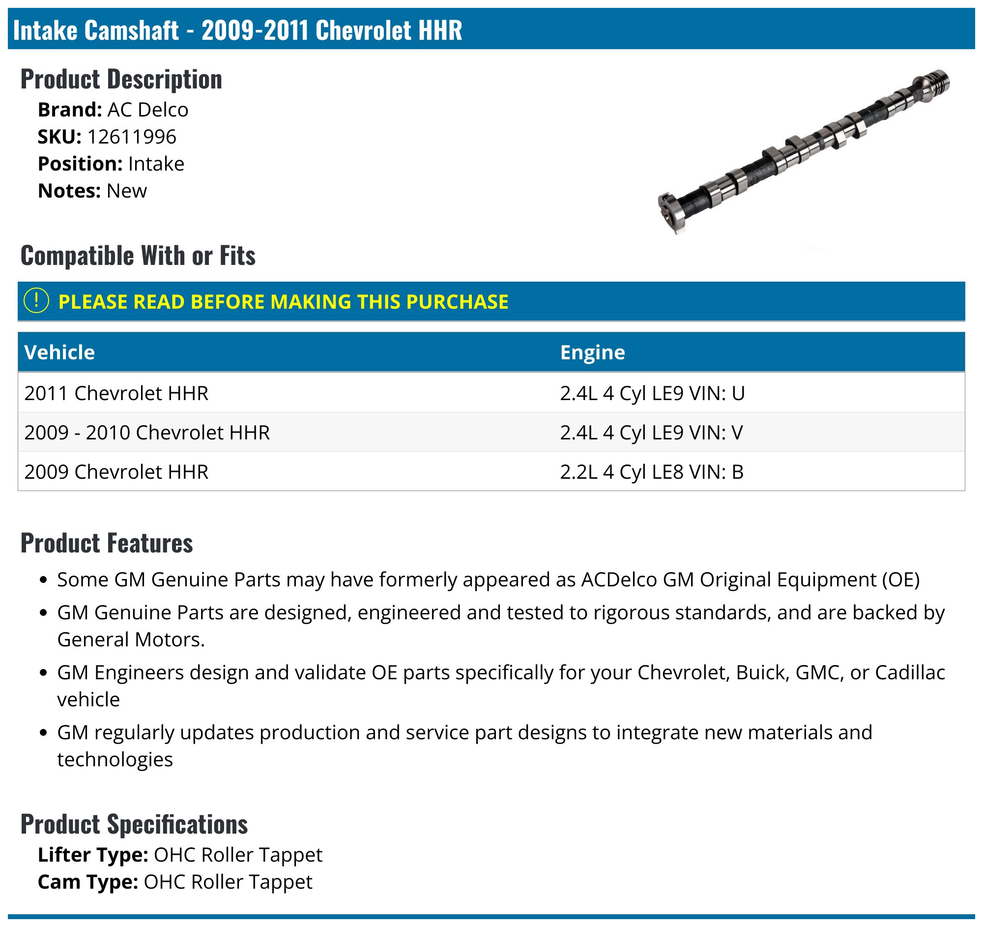2009-2011 Chevrolet HHR Camshaft - AC Delco 12611996 - Intake ...