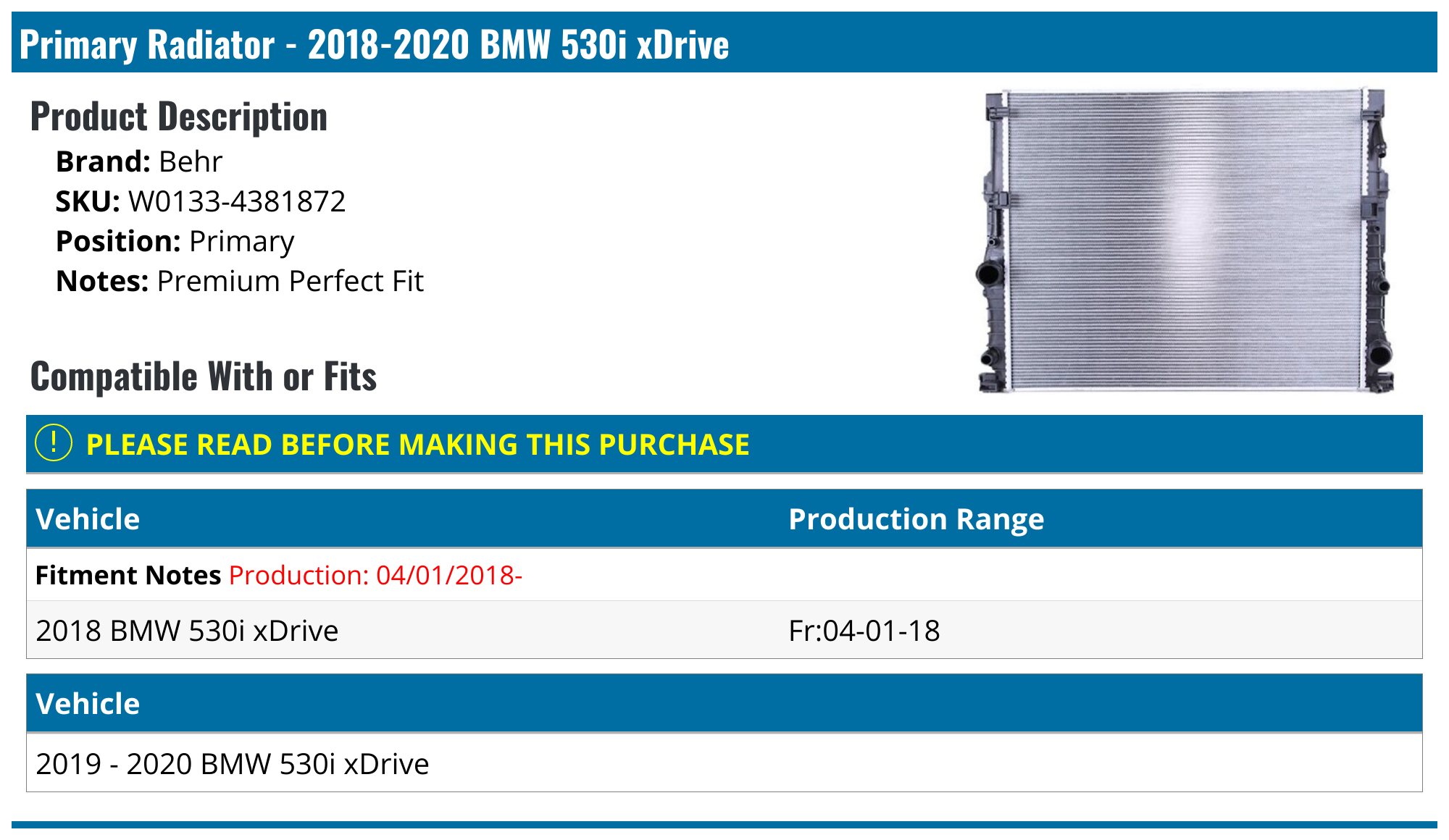 2018-2020 BMW 530i xDrive Radiator - Behr W0133-4381872 - Primary ...