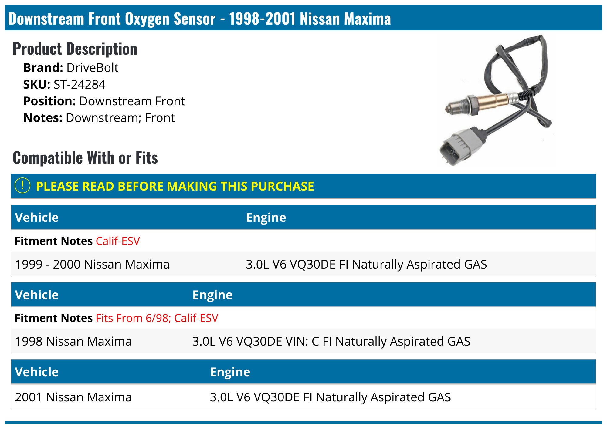 1998-2001 Nissan Maxima Oxygen Sensor - DriveBolt ST-24284 - Downstream ...