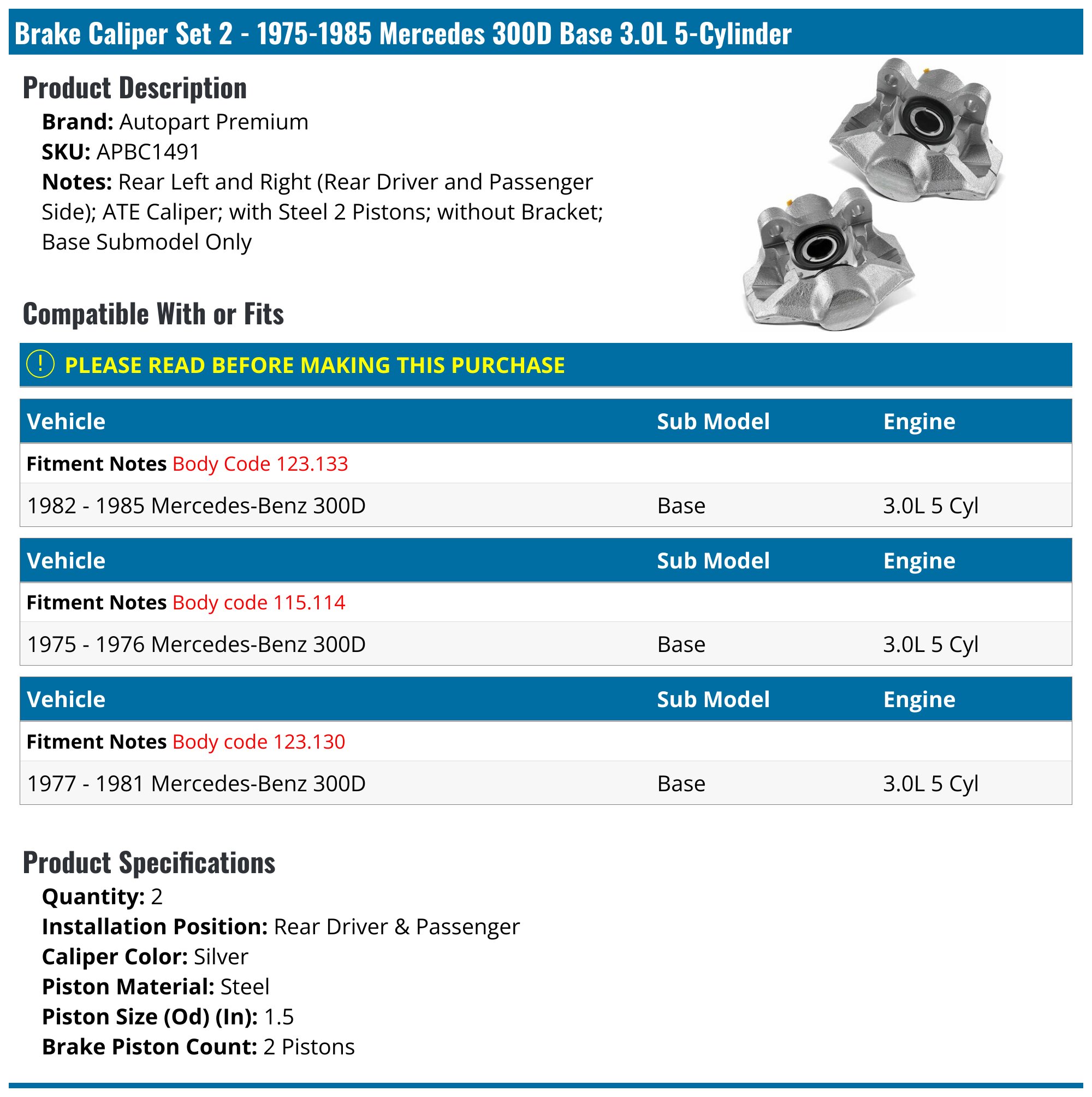 1975-1985 Mercedes 300D Brake Caliper - Autopart Premium APBC1491 ...