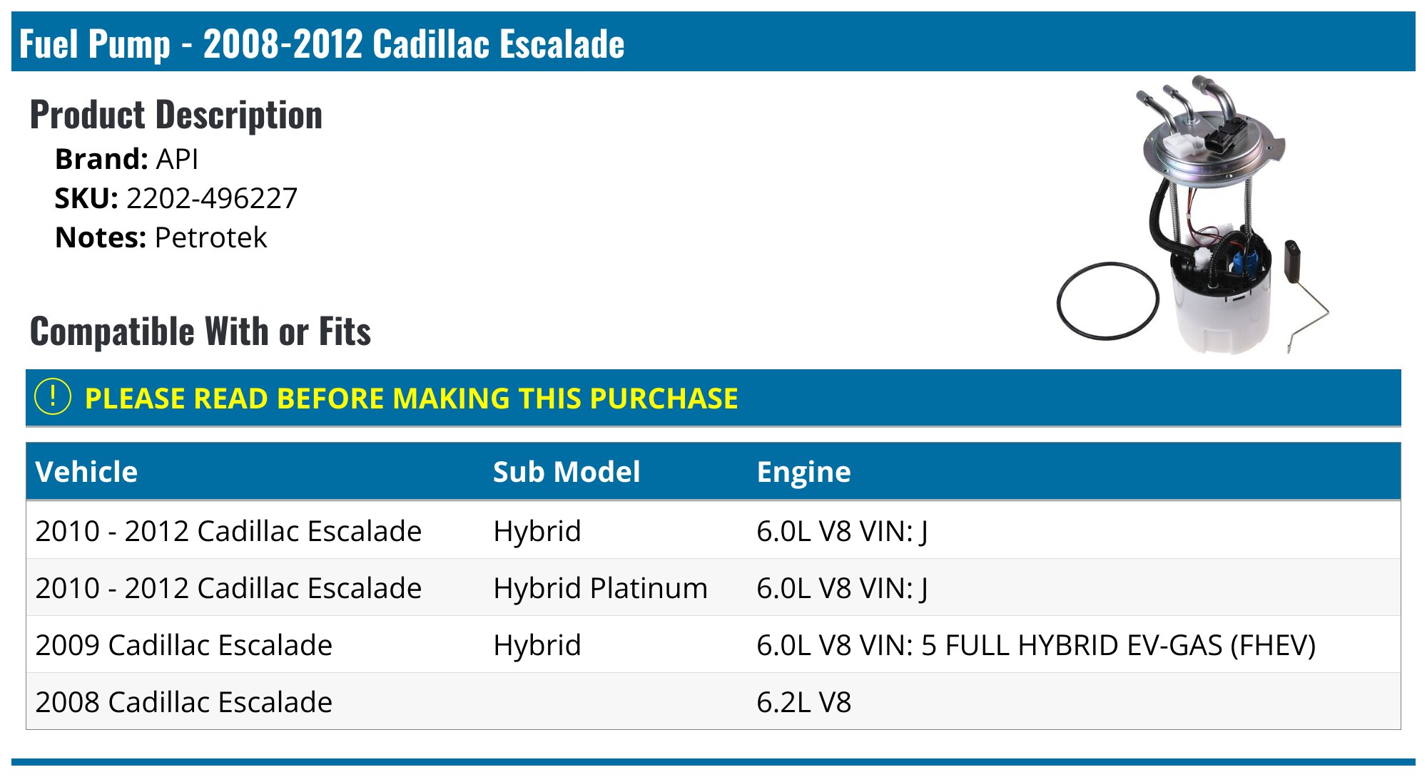 2008-2012 Cadillac Escalade Fuel Pump - API 28792-07143877 - PartsGeek.com
